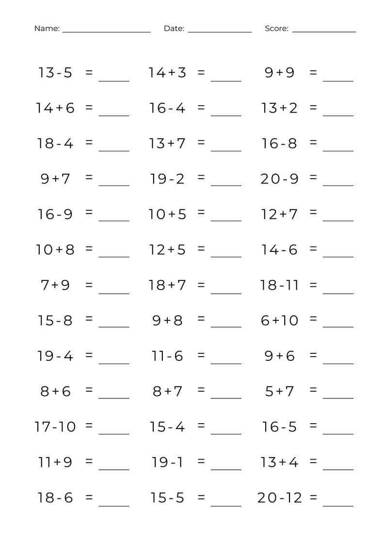 10 Printable Addition Within 20 and Subtraction Within 20 Worksheets ...