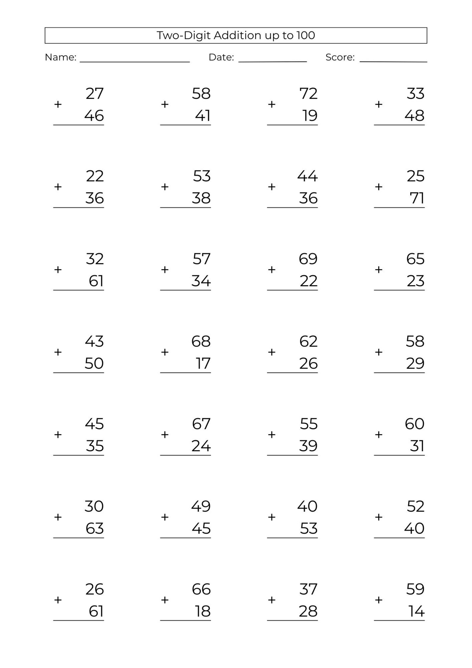10 Printable Double Digit Addition Worksheets to 100 (PDF) - Etsy