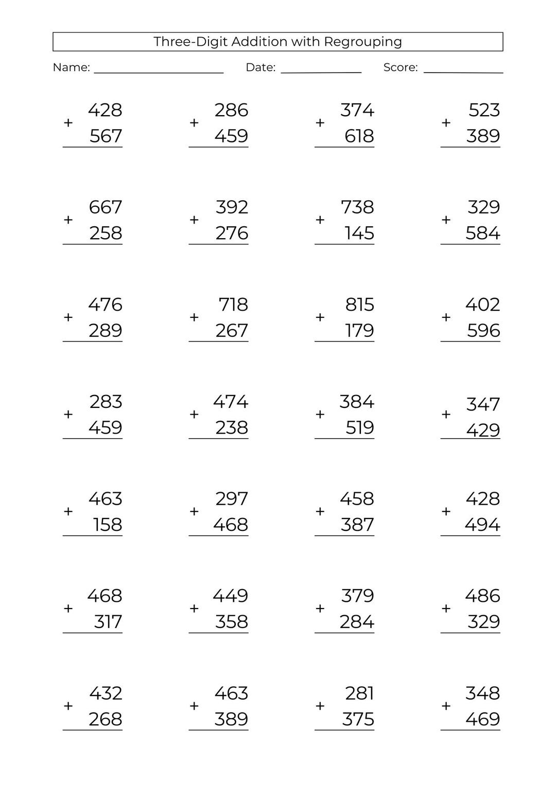 10 Printable 3 Digit Addition With Regrouping Worksheets 3 Digit ...