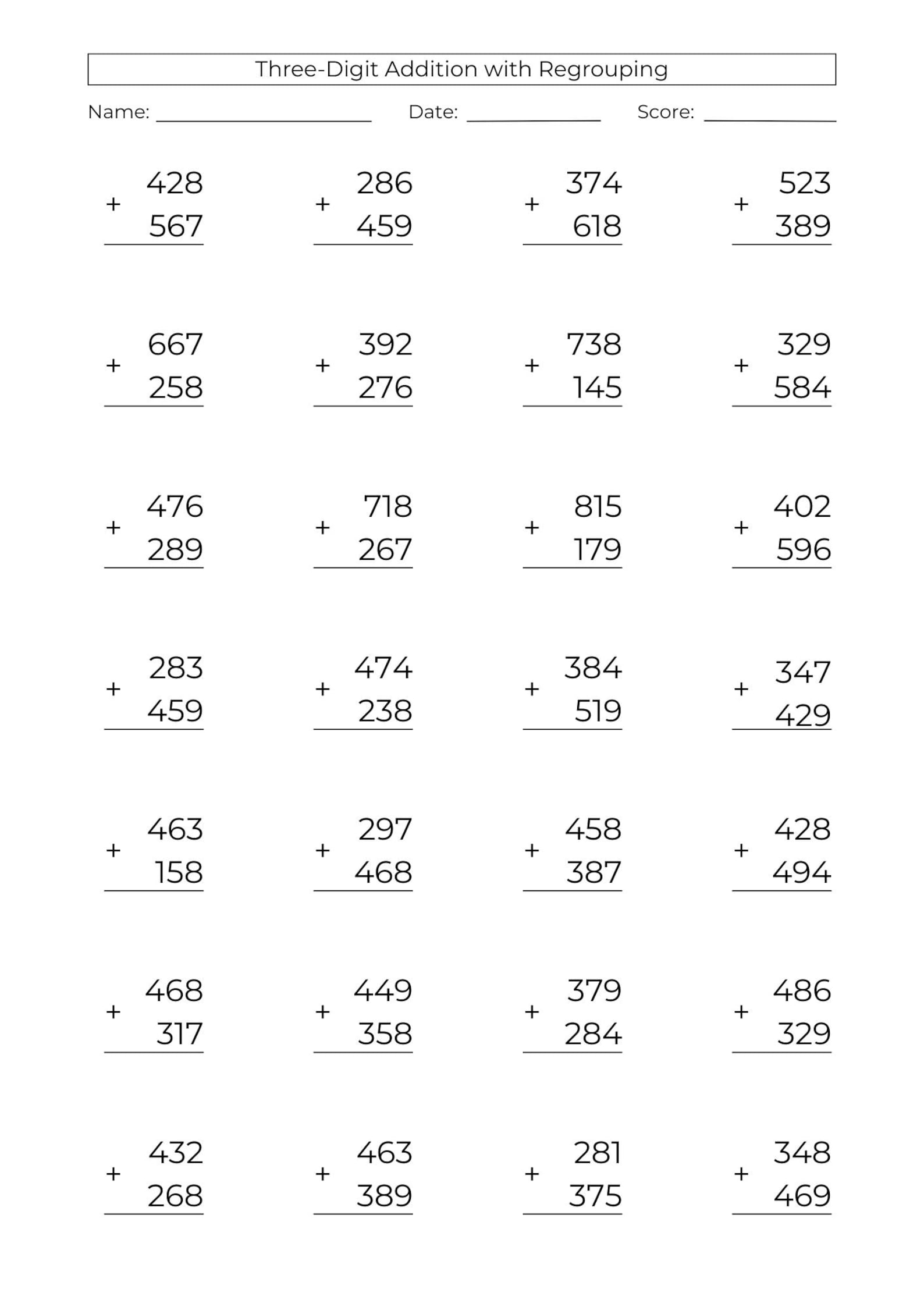 10 Printable 3 Digit Addition With Regrouping Worksheets 3 Digit ...