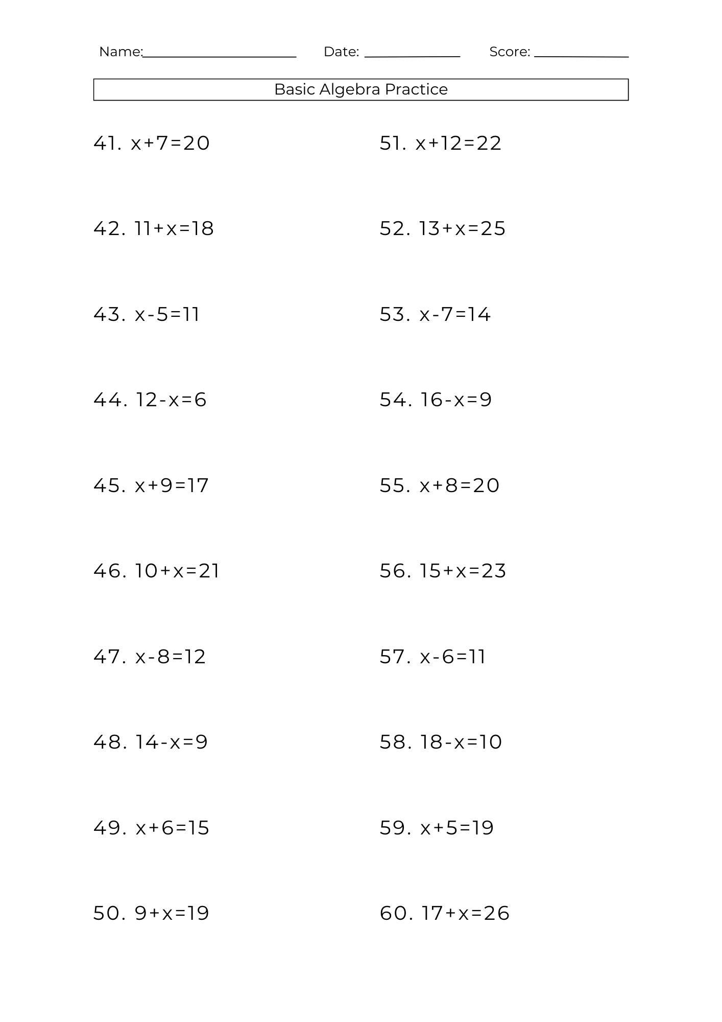 10 Printable Basic Algebra Worksheets: Solving Algebraic Equations ...