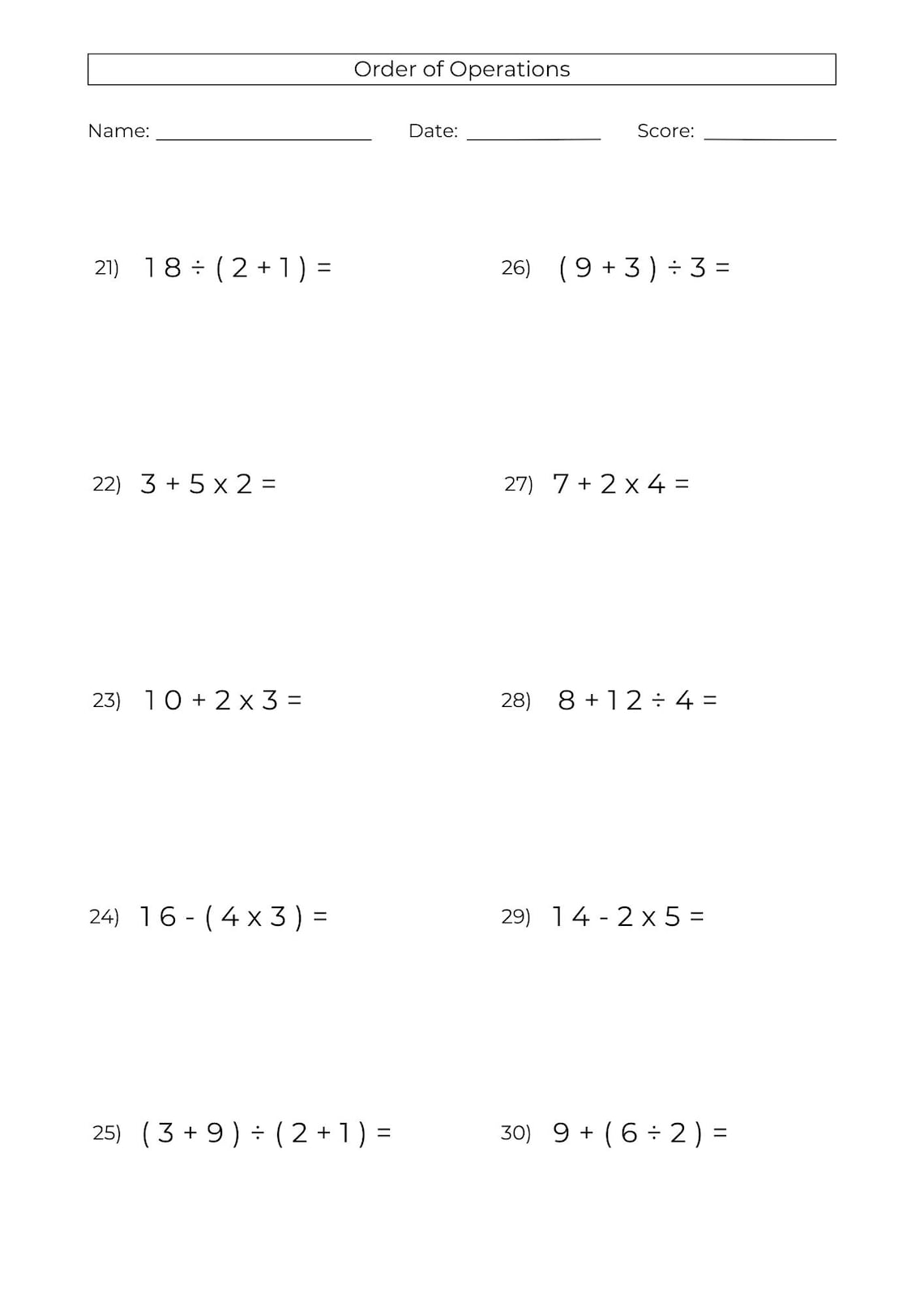 10 Printable Order of Operations Worksheets: Math Practice, Grades 4-5 ...