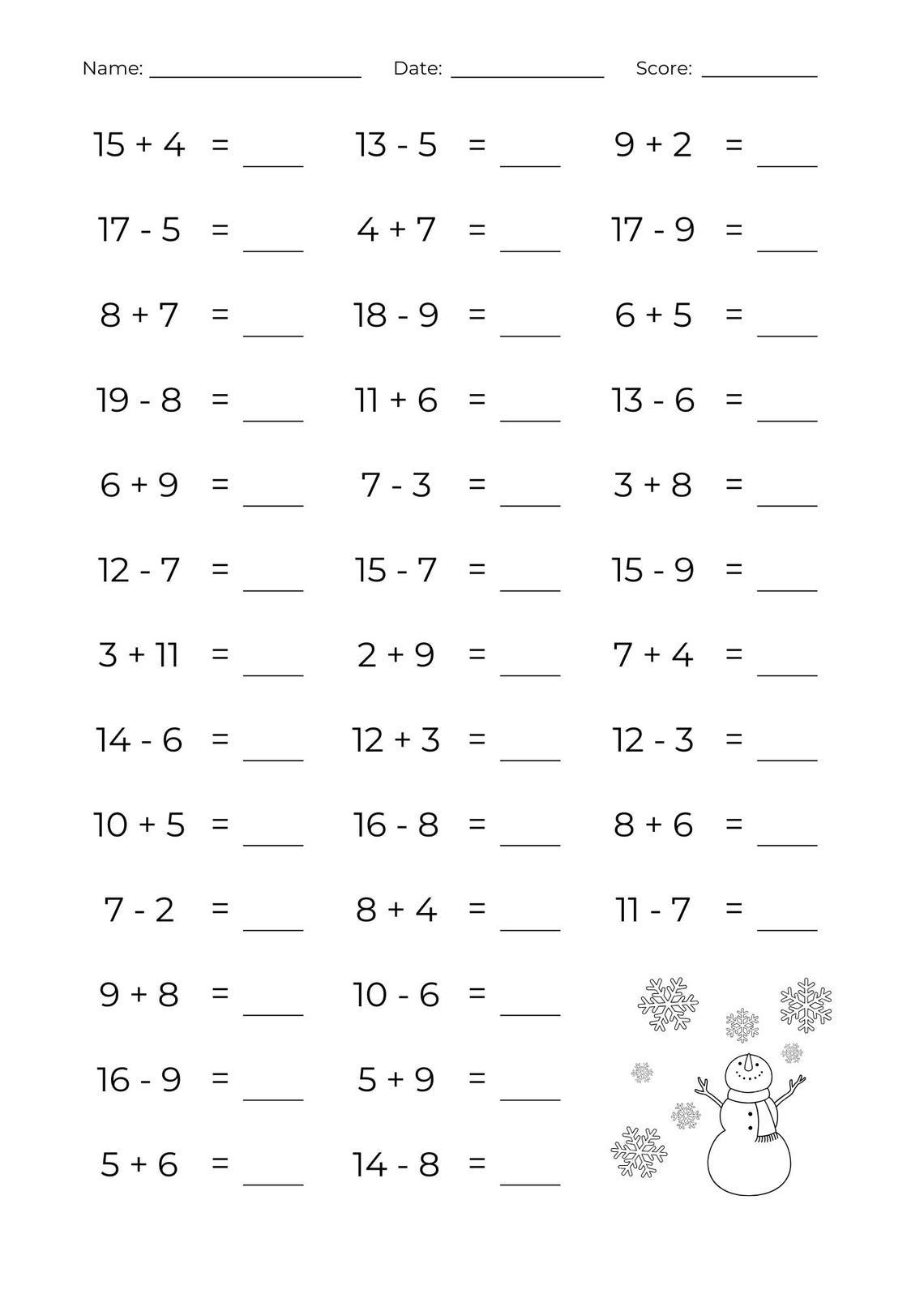 10 Printable Addition and Subtraction to 20 Worksheets Winter Edition – Learn Add and Subtract ...