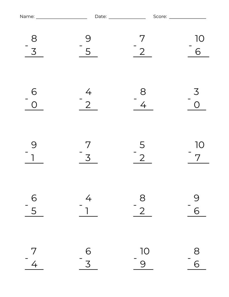10 Printable Single Digit Subtraction Worksheets: Math Drills to 10 ...