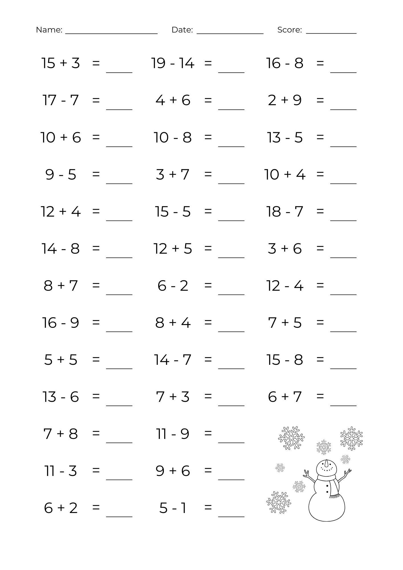 10 Printable Addition and Subtraction to 20 Worksheets Winter Edition ...
