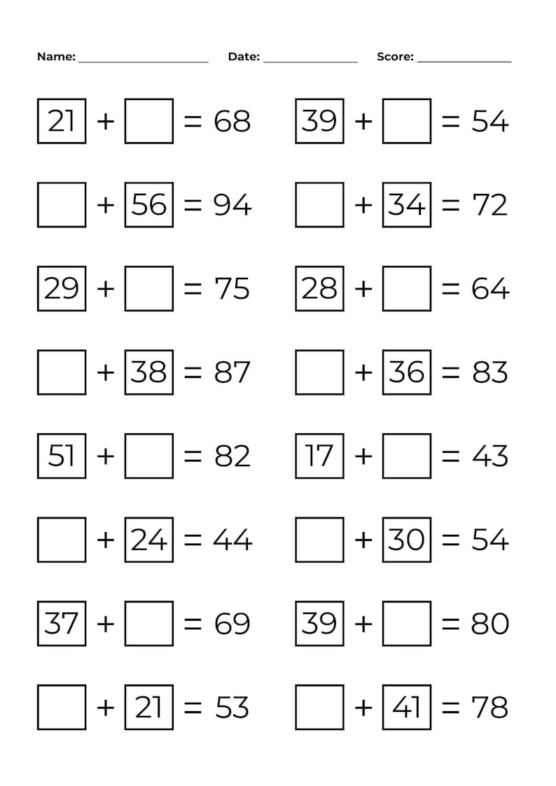 10 Printable Missing Addends Worksheets: Addition to 100 (PDF Pattern ...