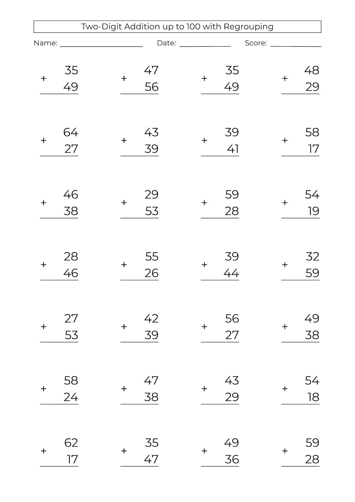 10 Printable Double Digit Addition Worksheets: Regrouping to 100 (PDF ...