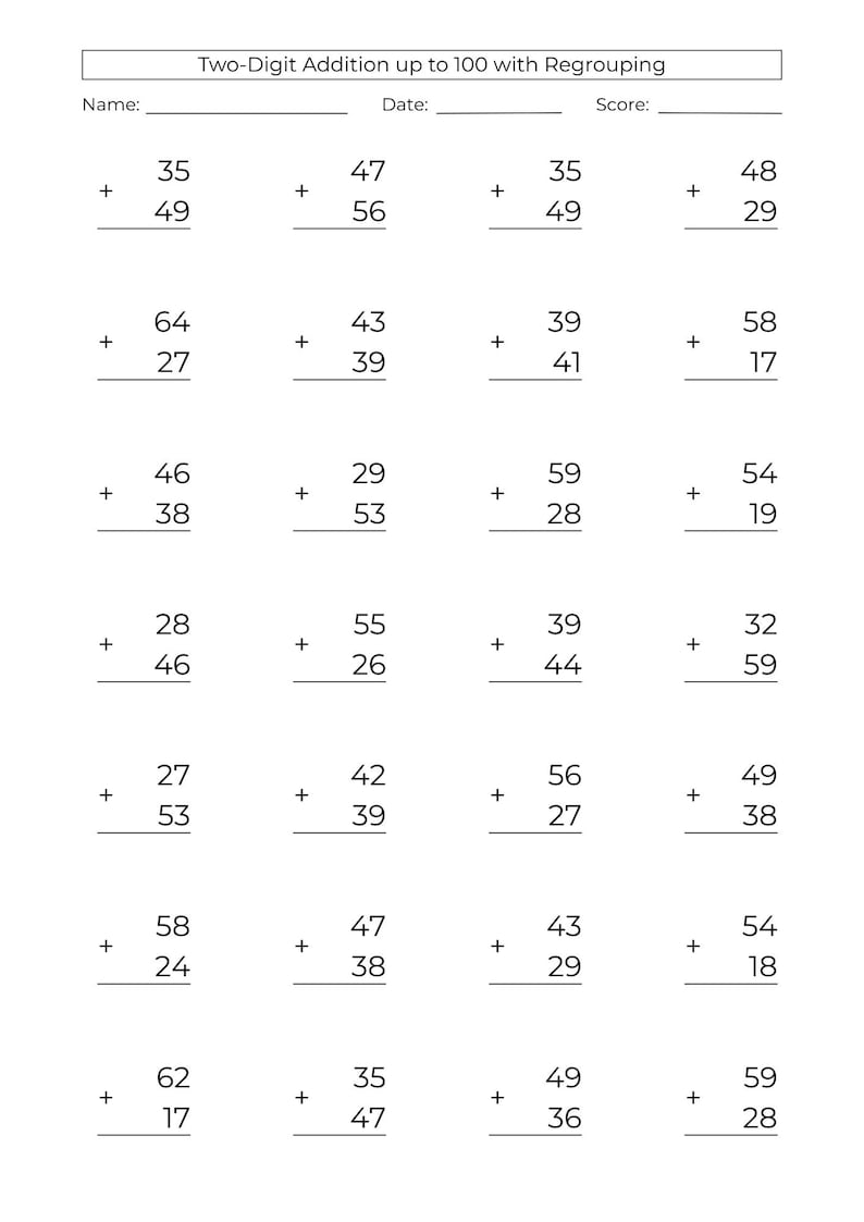 10 Printable Double Digit Addition With Regrouping to 100 Worksheets ...