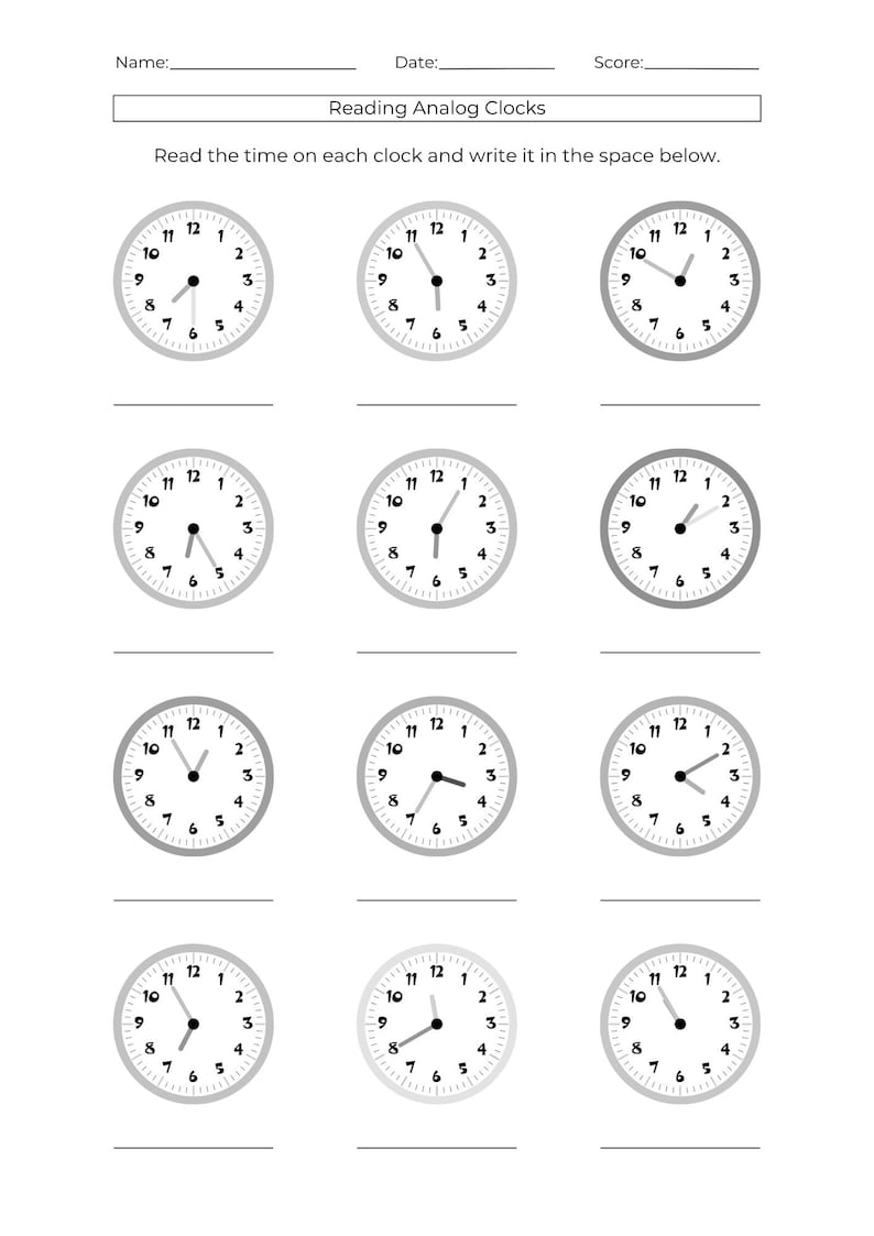 10 Printable Analog Clock Practice Worksheets: Time Telling Learning ...