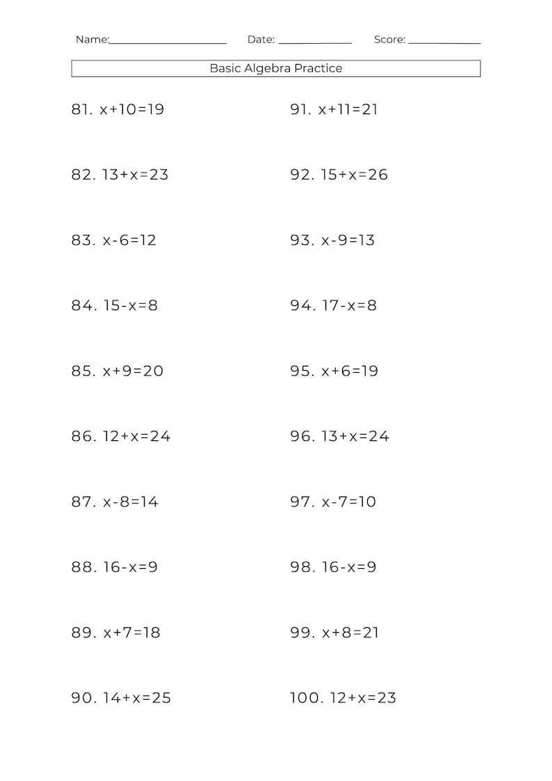10 Printable Basic Algebra Worksheets: Solving Algebraic Equations ...