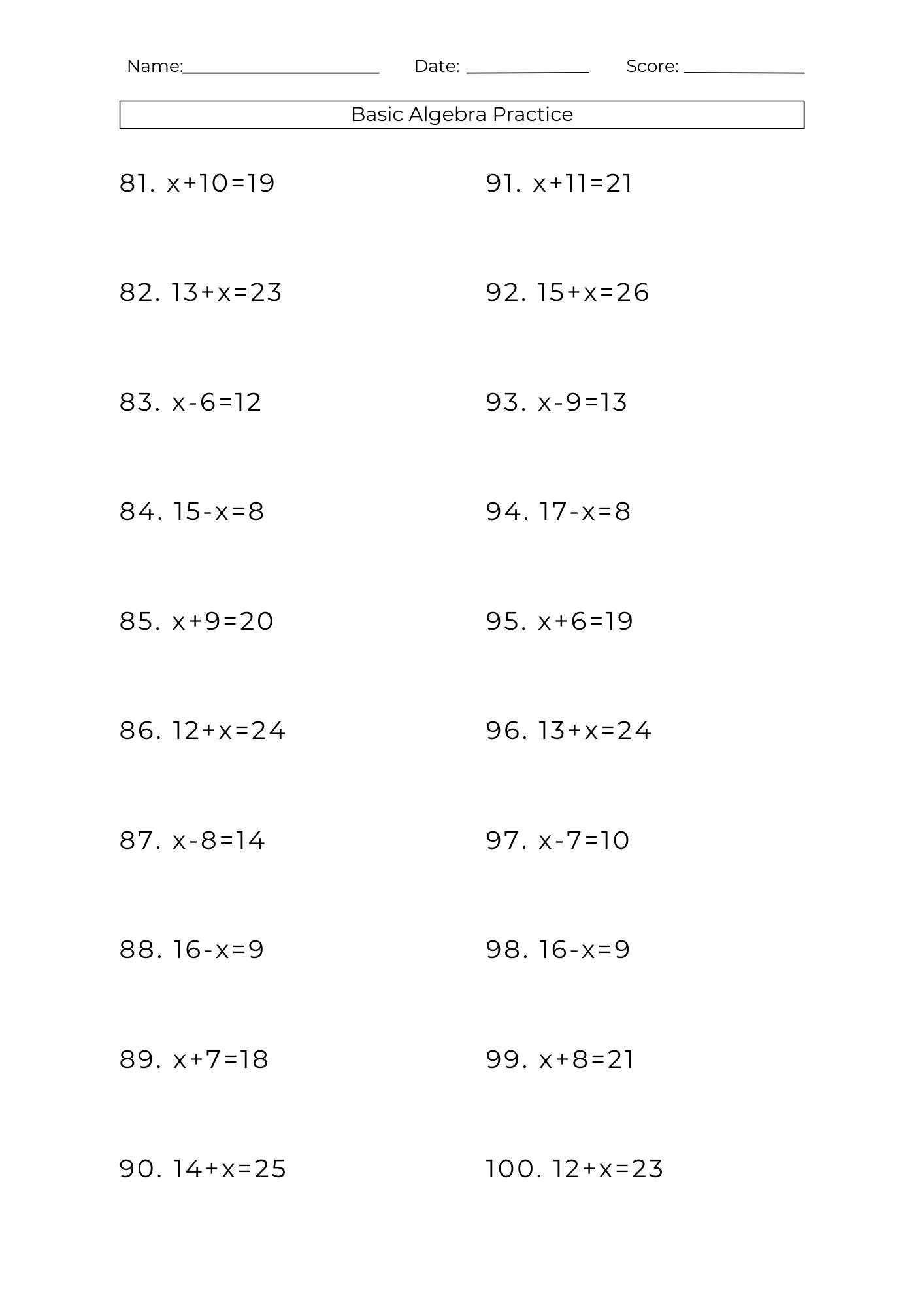 10 Printable Basic Algebra Worksheets: Solving Algebraic Equations ...