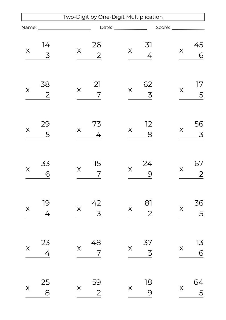 10 Printable 2 Digit by 1 Digit Multiplication Worksheets: Mental Math ...