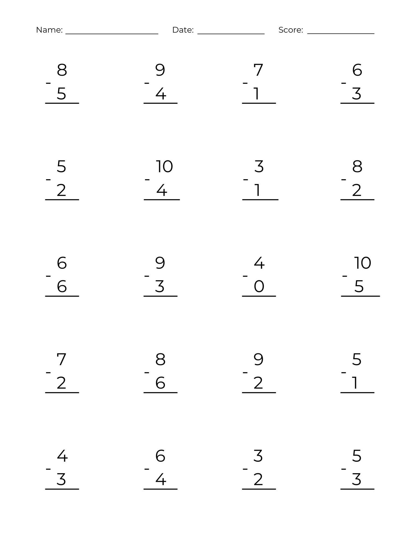 10 Printable Single Digit Subtraction Worksheets: Math Drills to 10 ...
