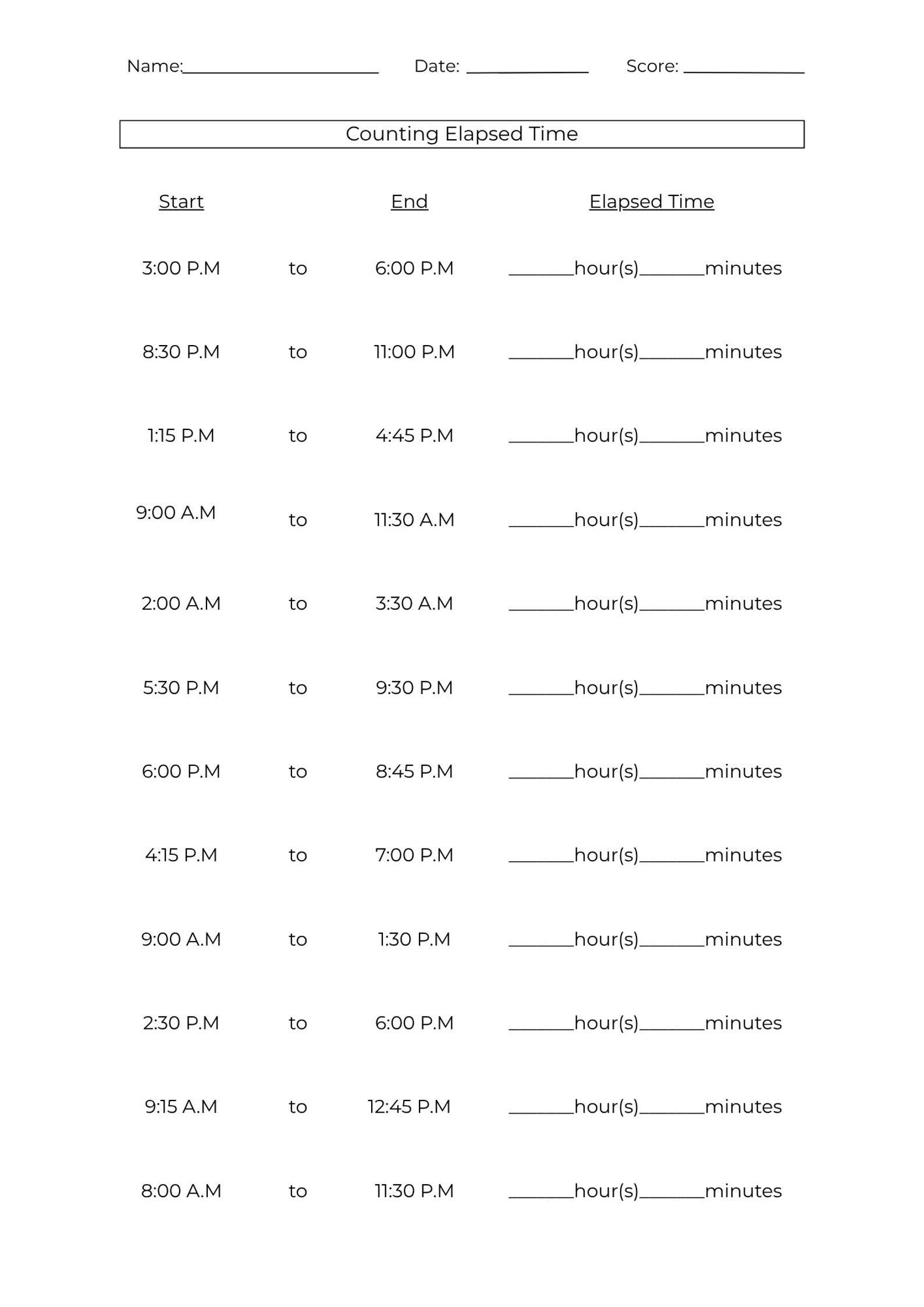10 Printable Elapsed Time Worksheets: Analog & Digital Clock Practice ...