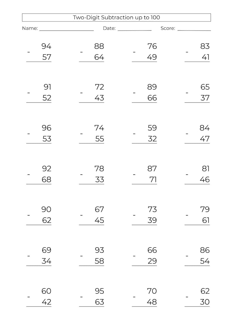10 Printable Two Digit Subtraction Worksheets Subtraction to 100 Column ...