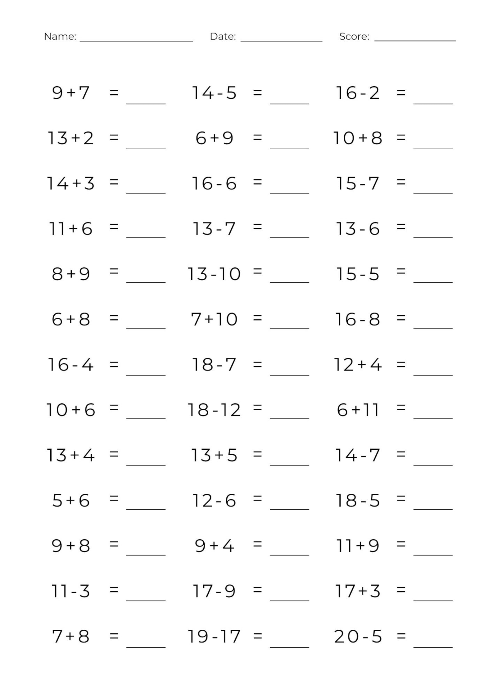 50 Printable Addition and Subtraction to 20 Worksheets: Math Practice ...