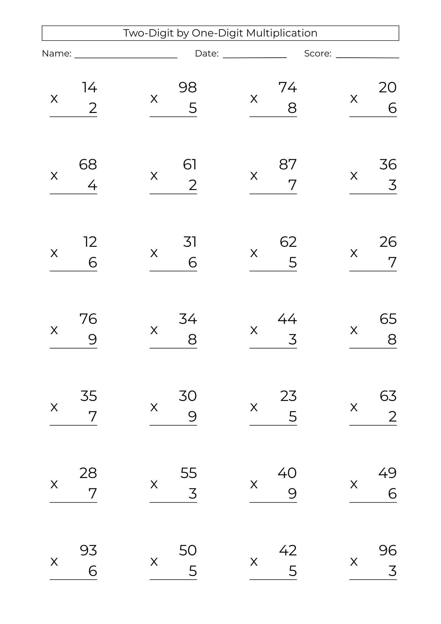 10 Printable 2 Digit by 1 Digit Multiplication Worksheets: Mental Math ...