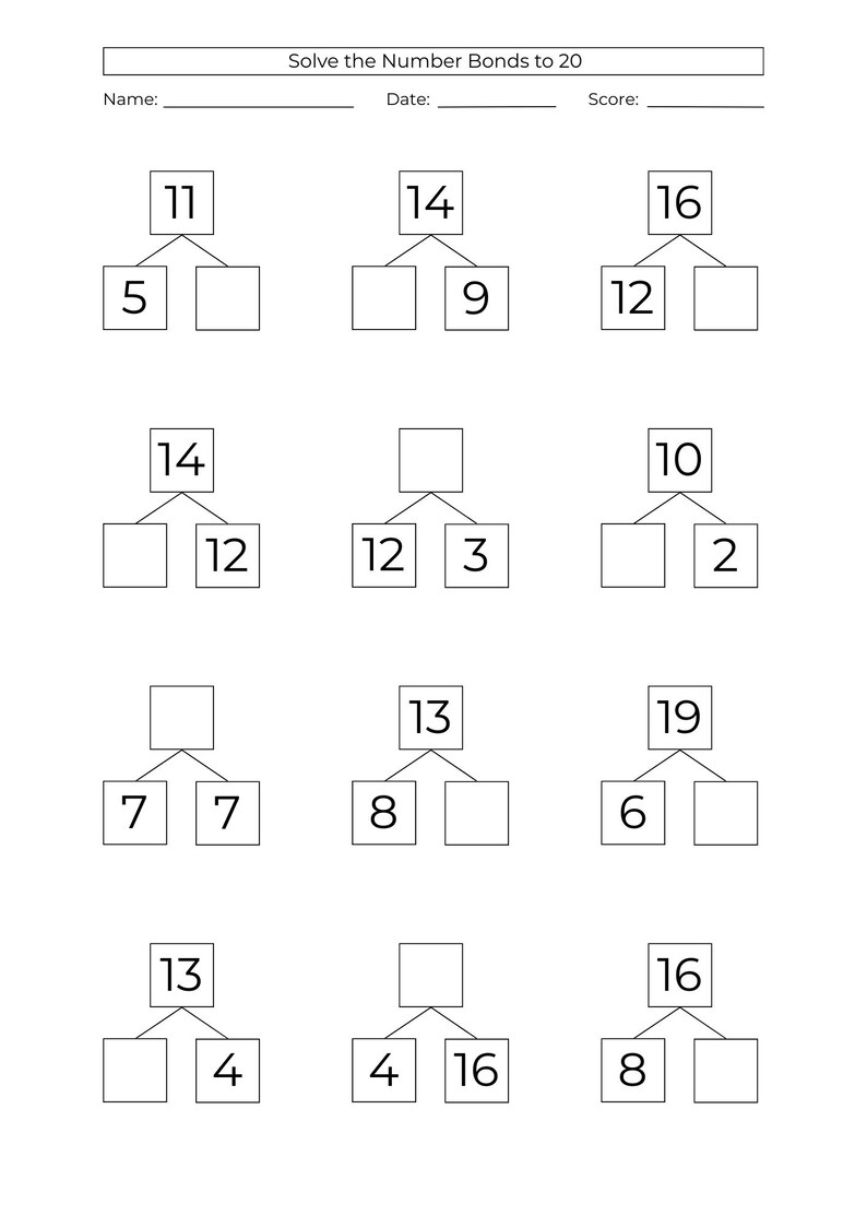 10 Printable Number Bond Worksheets: Fill in the Blanks, Homeschool ...