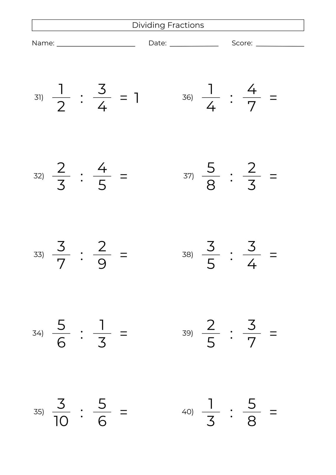 10 Printable Multiplying Fractions and Dividing Fractions Worksheets ...