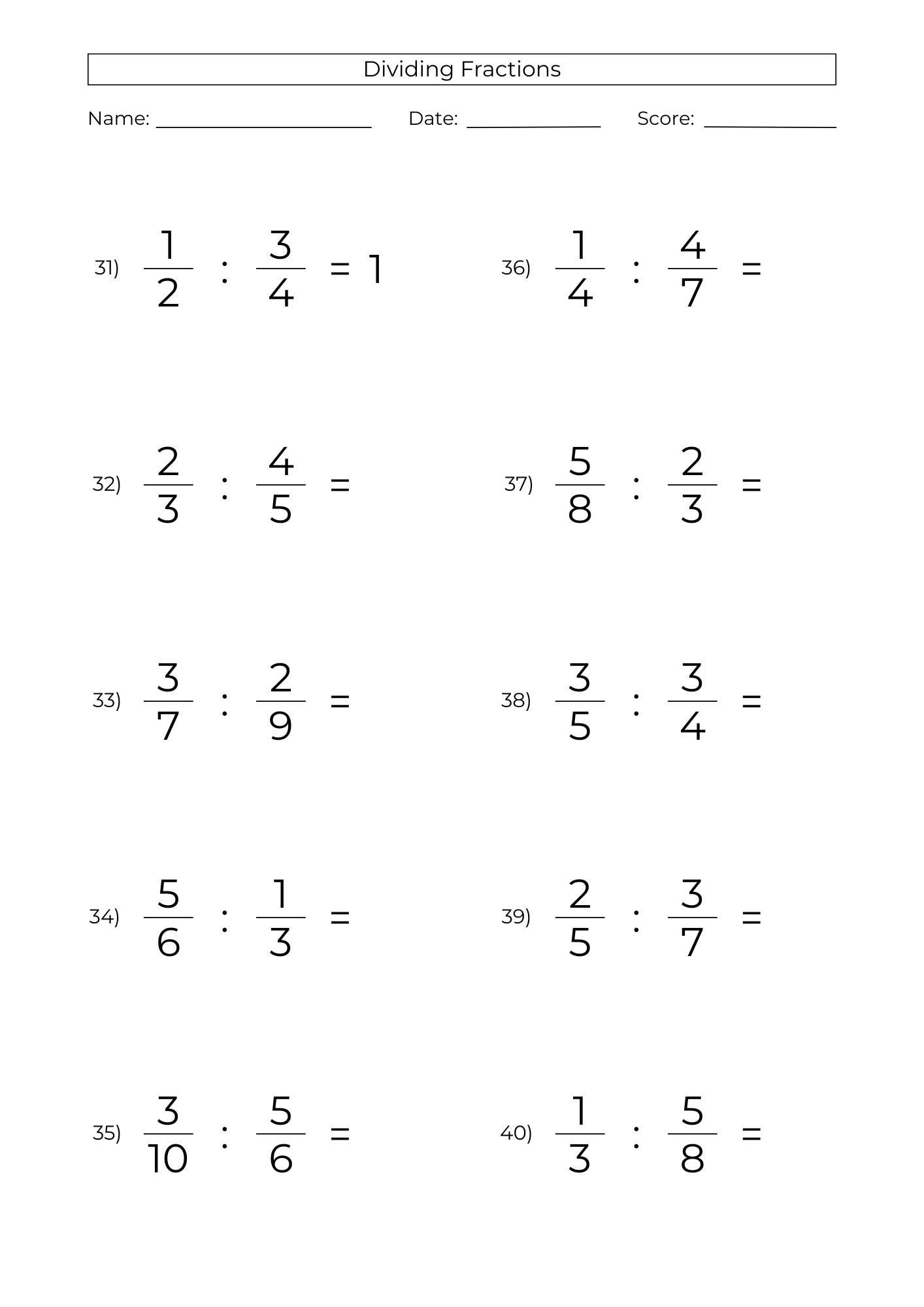 10 Printable Multiplying Fractions and Dividing Fractions Worksheets ...