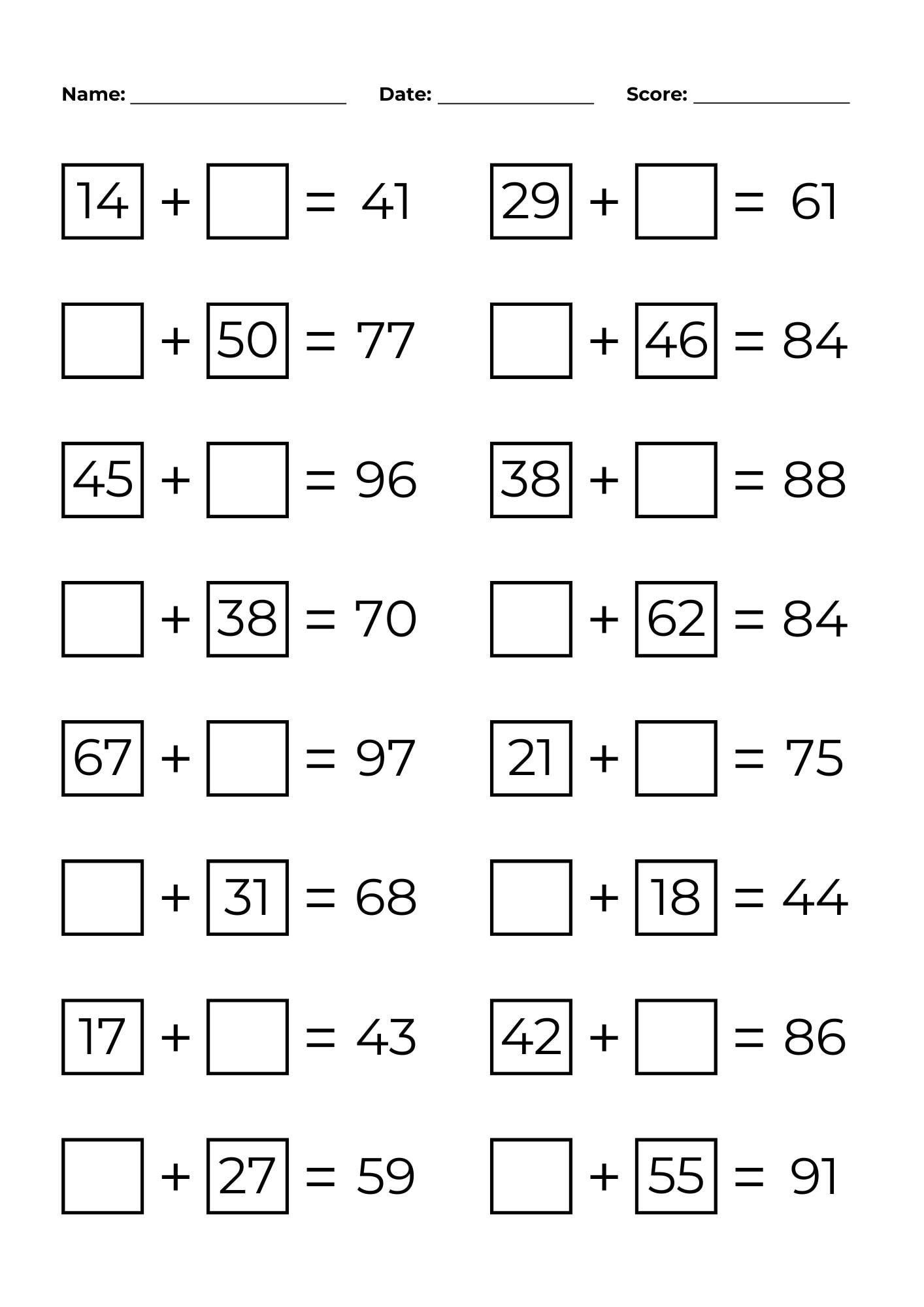 10 Printable Missing Addends Worksheets: Addition to 100 (PDF Pattern ...