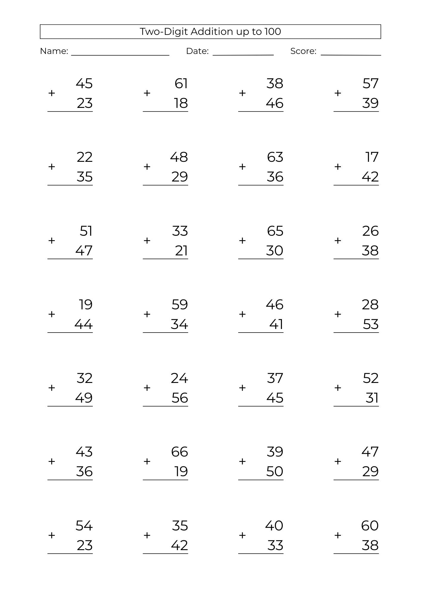 10 Printable Double Digit Addition Worksheets to 100 (PDF) - Etsy