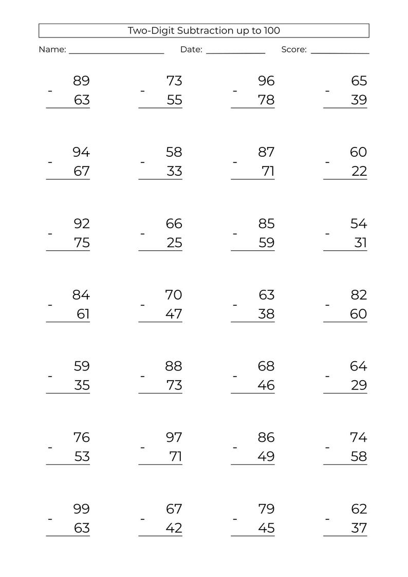 10 Printable Two Digit Subtraction Worksheets: Mental Math Practice ...