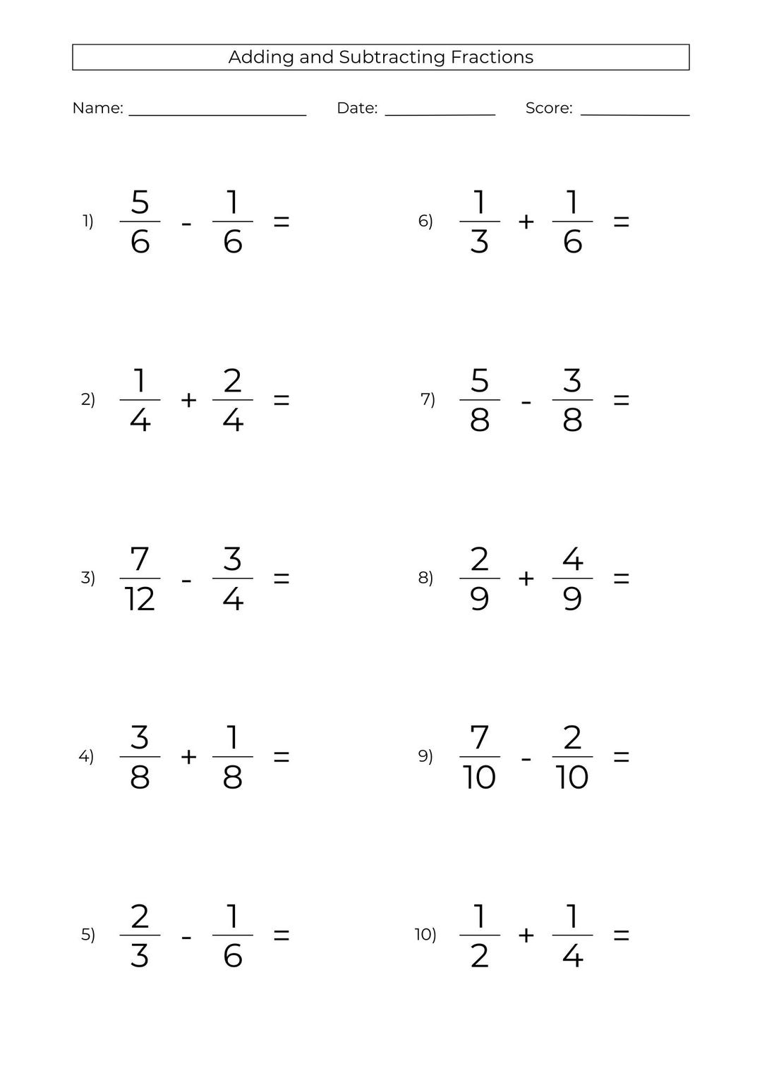 10 Printable Adding & Subtracting Fractions Worksheets: 4th-5th Grade ...
