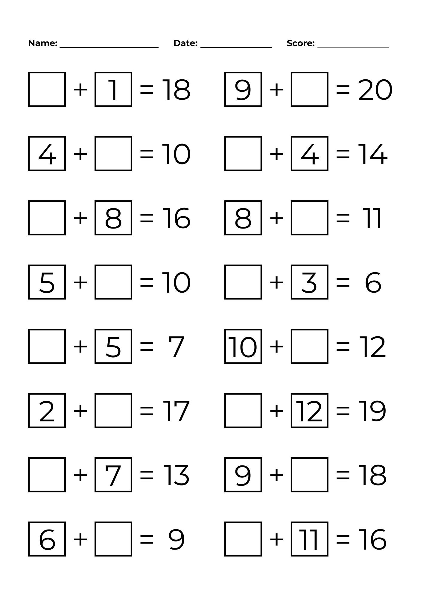 10 Printable Missing Addends Worksheets: Addition to 20 (PDF Printable ...
