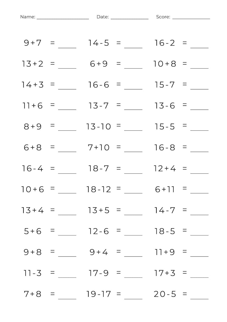 10 Printable Addition Within 20 and Subtraction Within 20 Worksheets ...