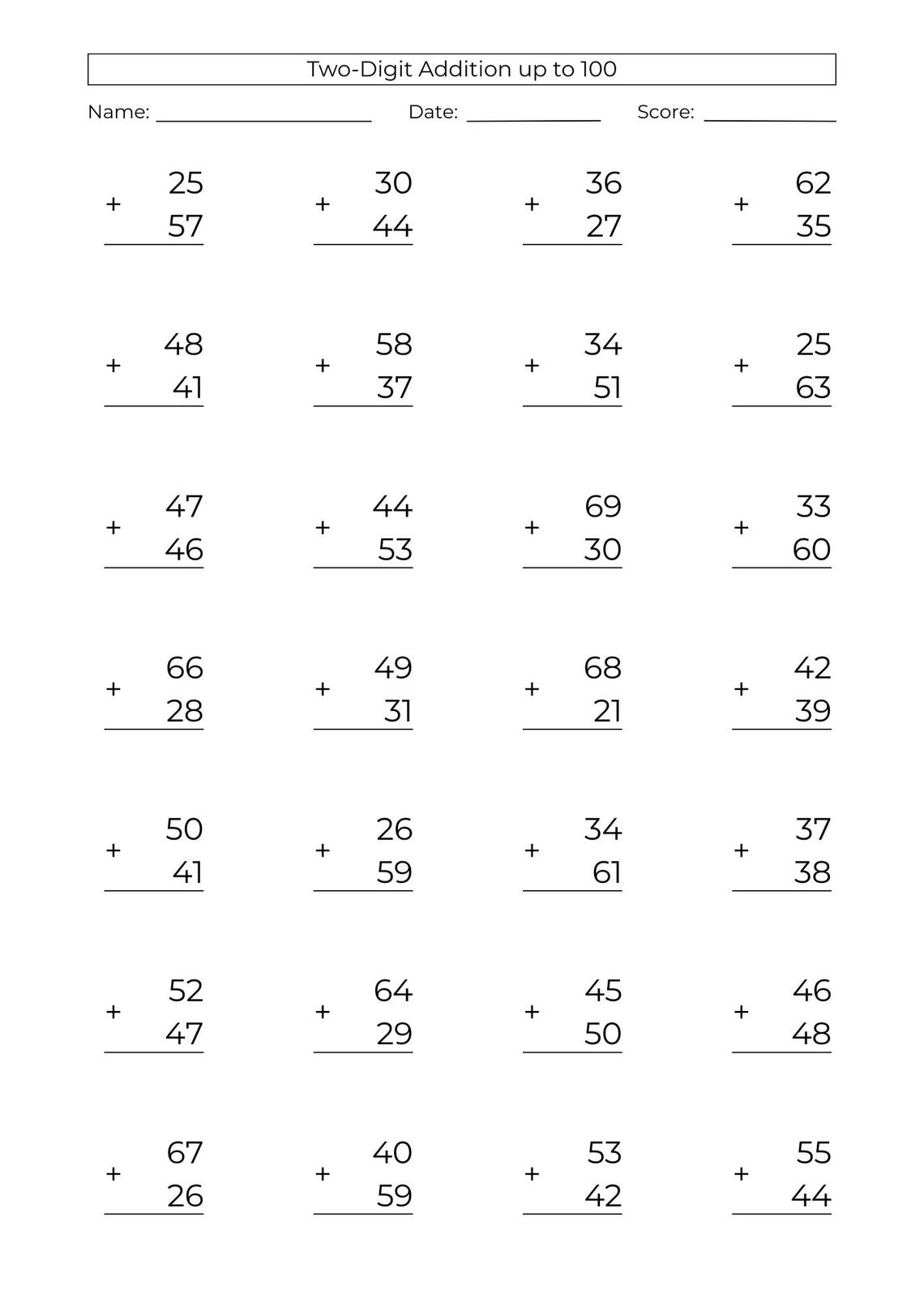 10 Printable Double Digit Addition Worksheets to 100 (PDF) - Etsy
