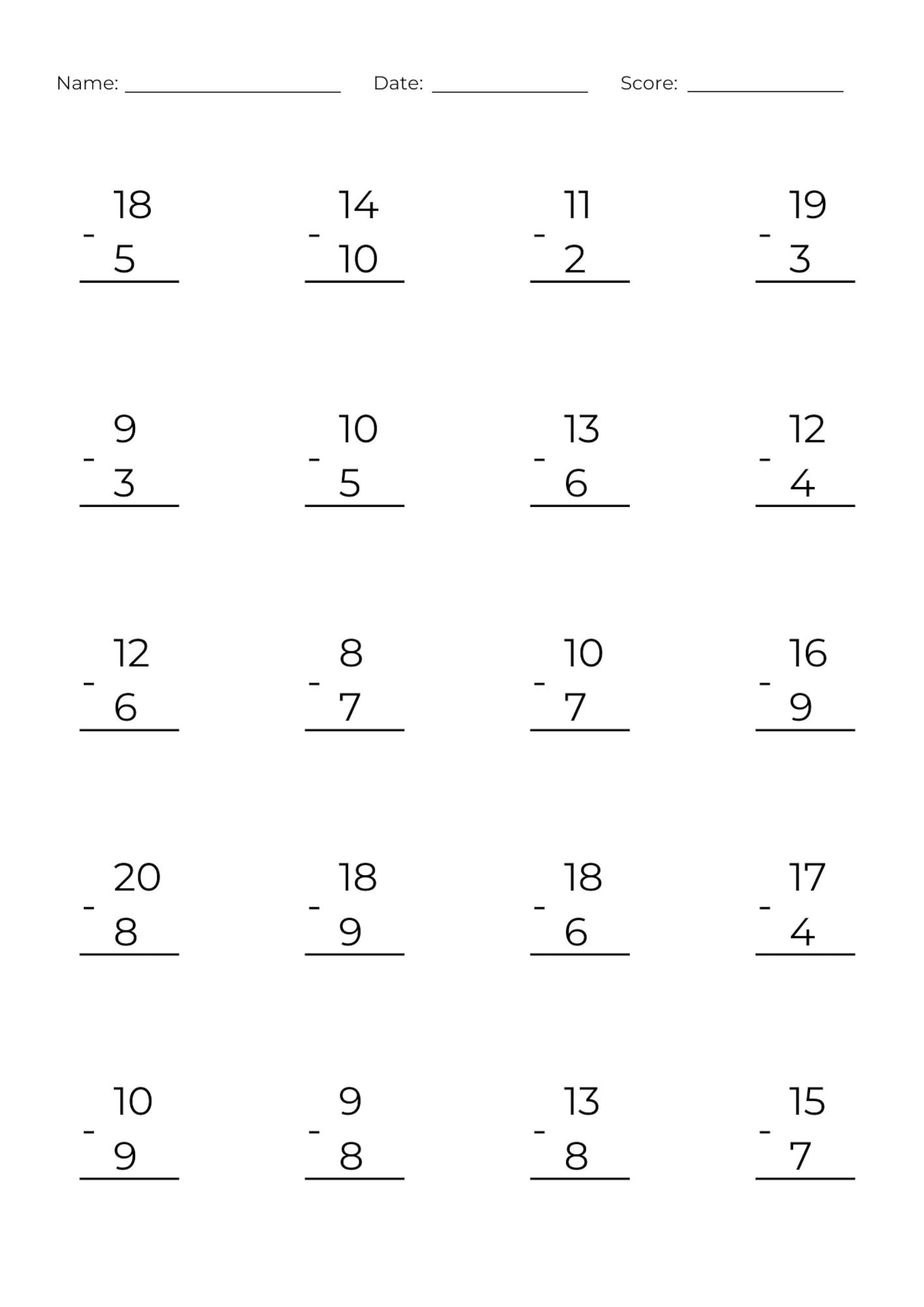 50 Printable Addition and Subtraction to 20 Worksheets: Math Practice ...