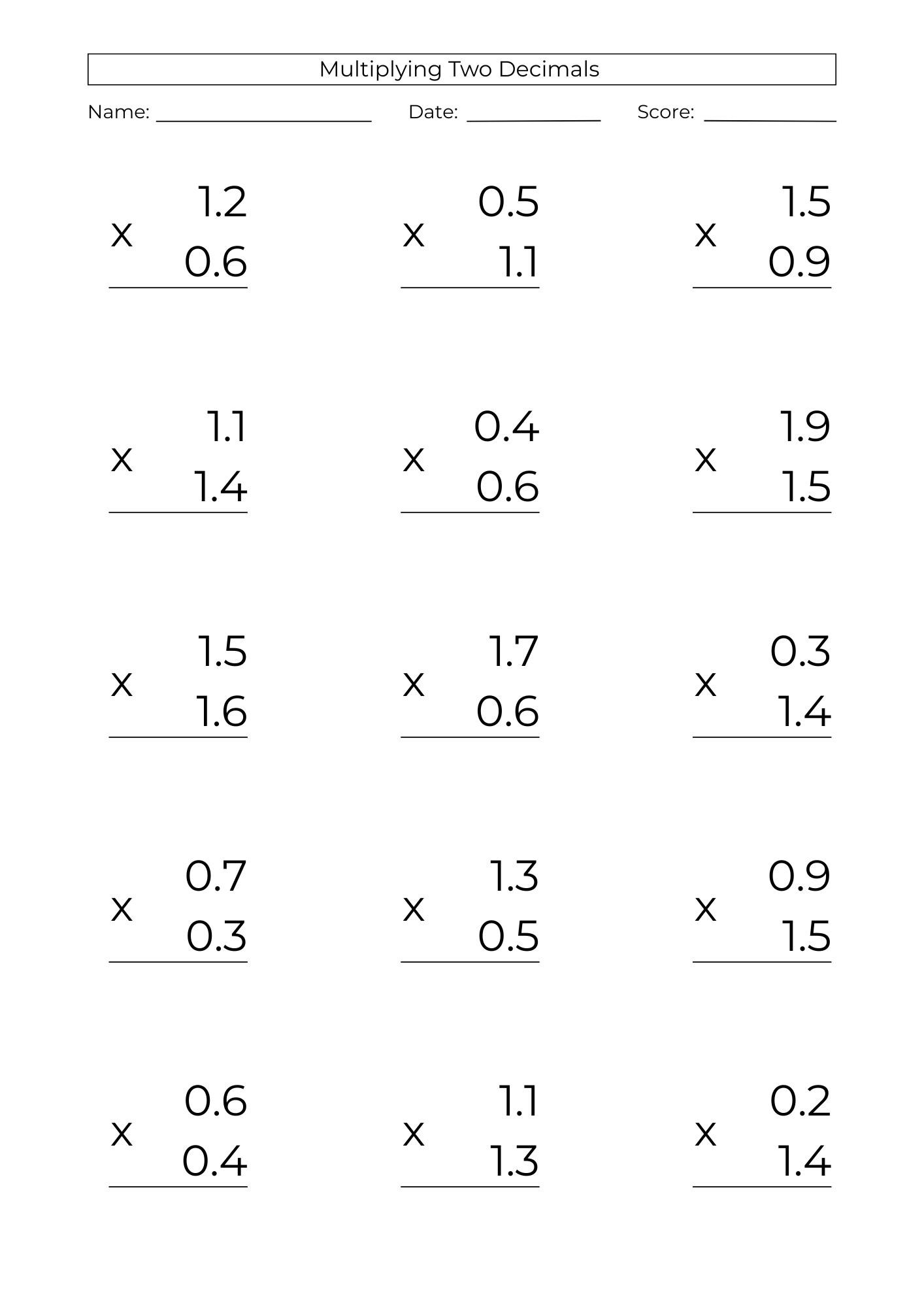 10 Printable Decimal Multiplication Worksheets: 5th Grade Math Practice ...