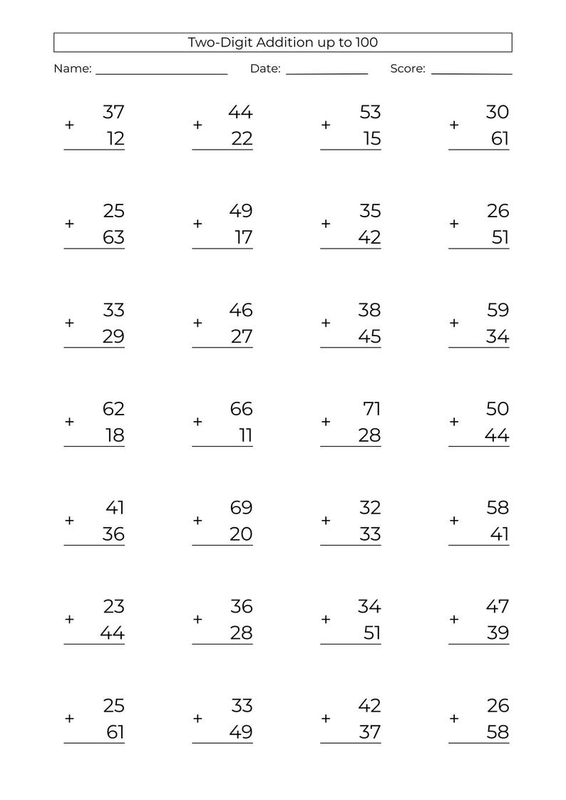 10 Printable Double Digit Addition Worksheets to 100 (PDF) - Etsy