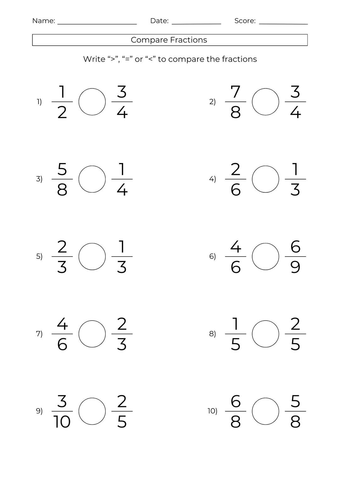10 Printable Comparing Fractions Worksheets – Practice Fraction ...