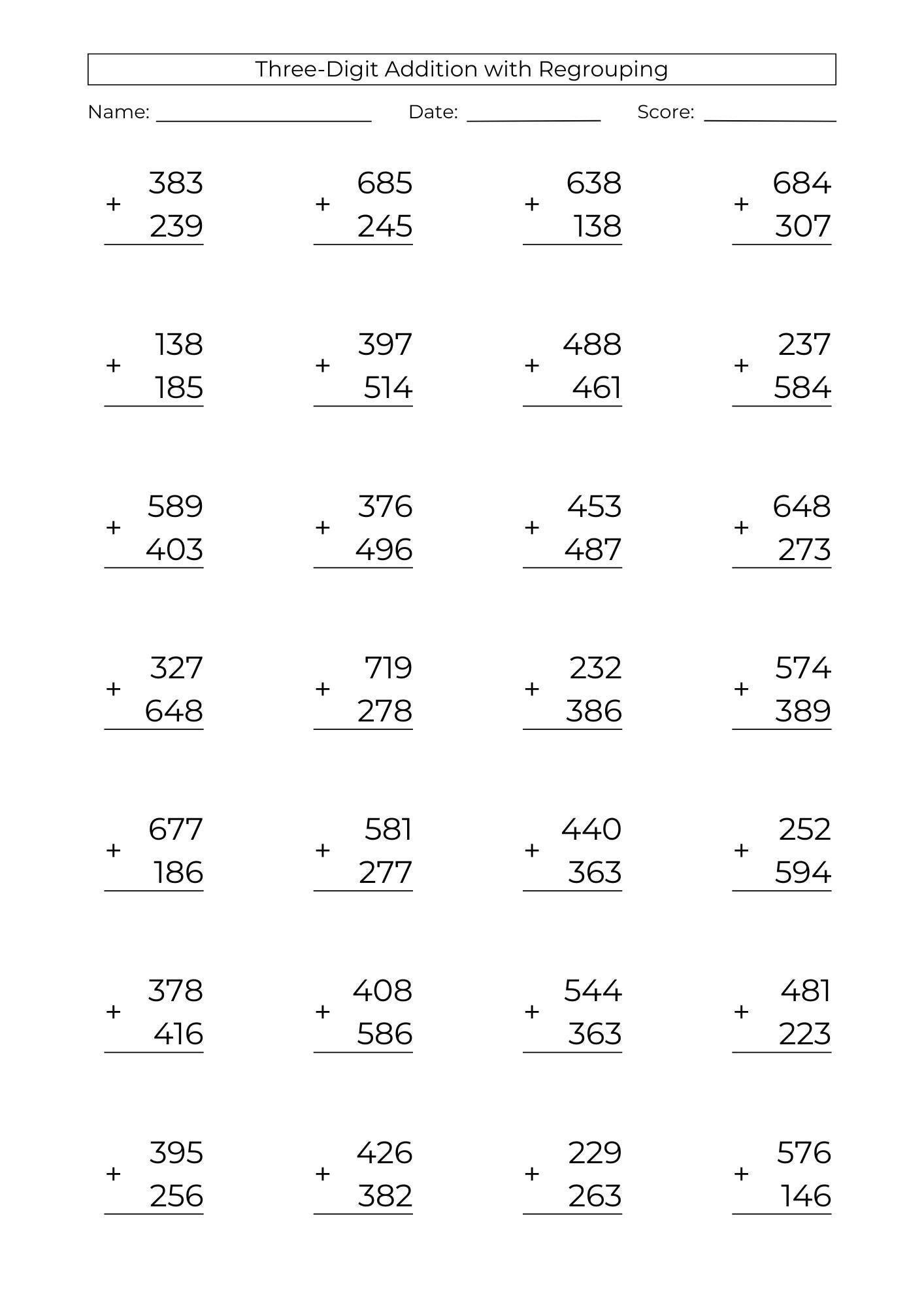 10 Printable 3-digit Addition Worksheets: 3rd Grade Math Drills (PDF ...