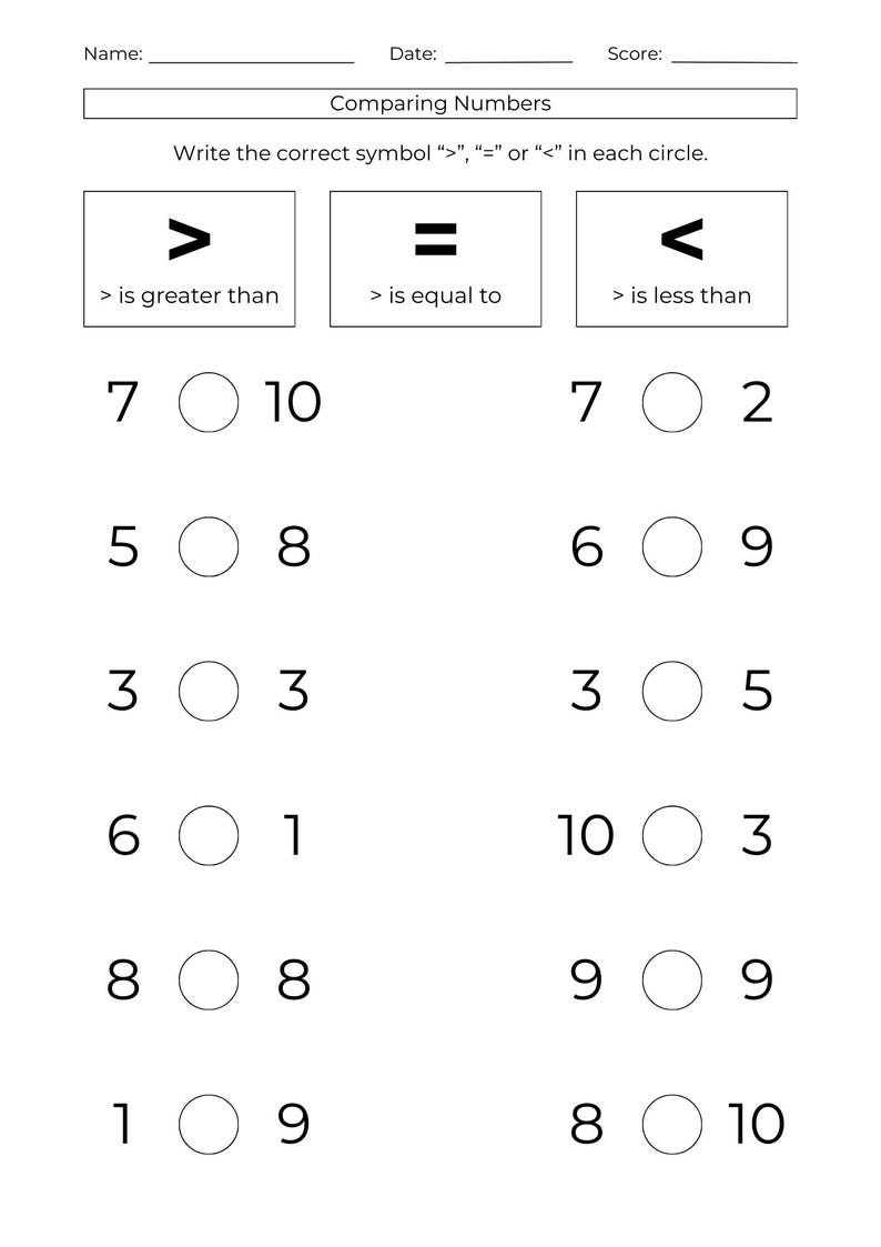 10 Printable Greater Than Less Than Equal Worksheets – Compare the ...