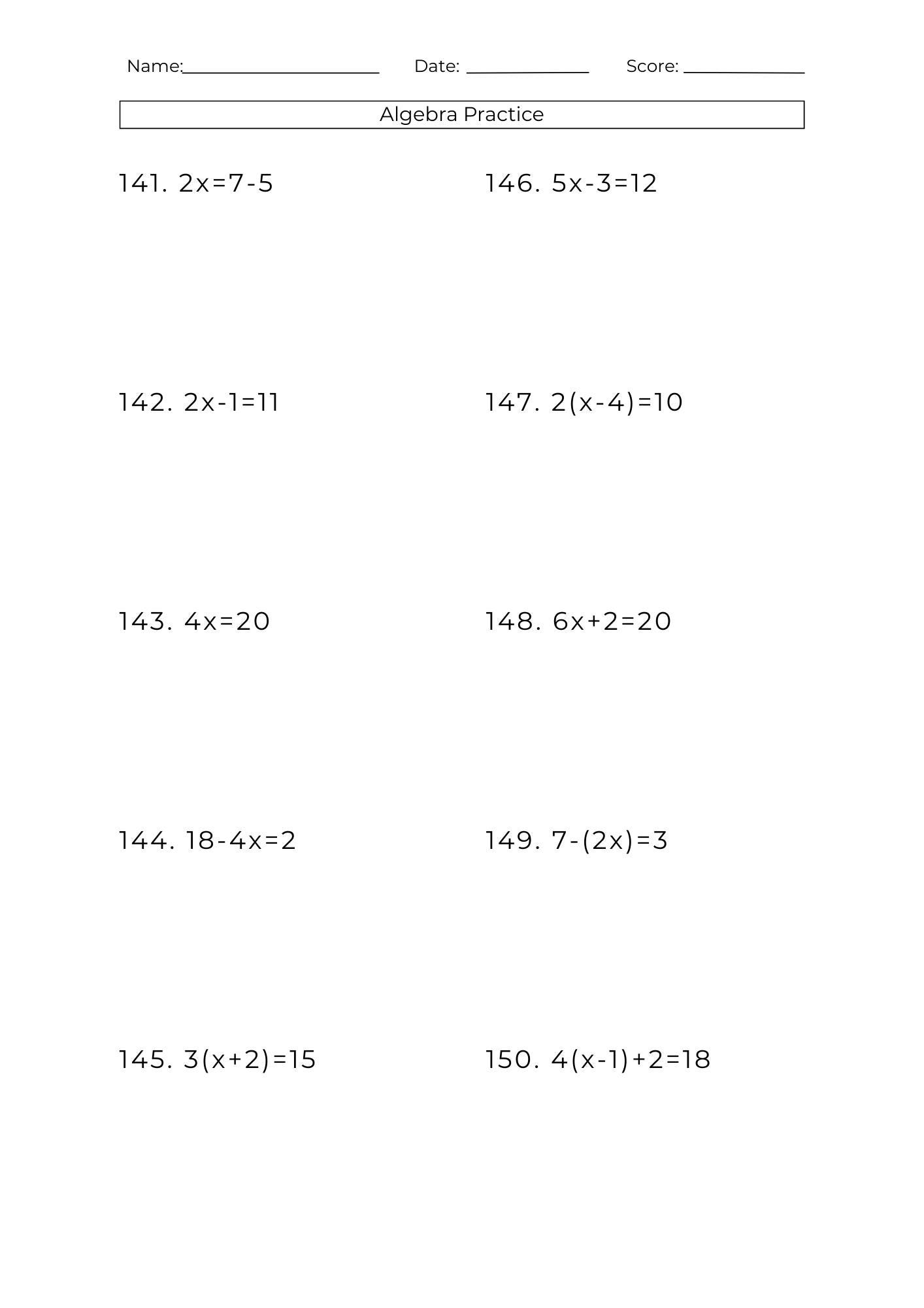 10 Printable Basic Algebra Worksheets: Solving Algebraic Equations ...