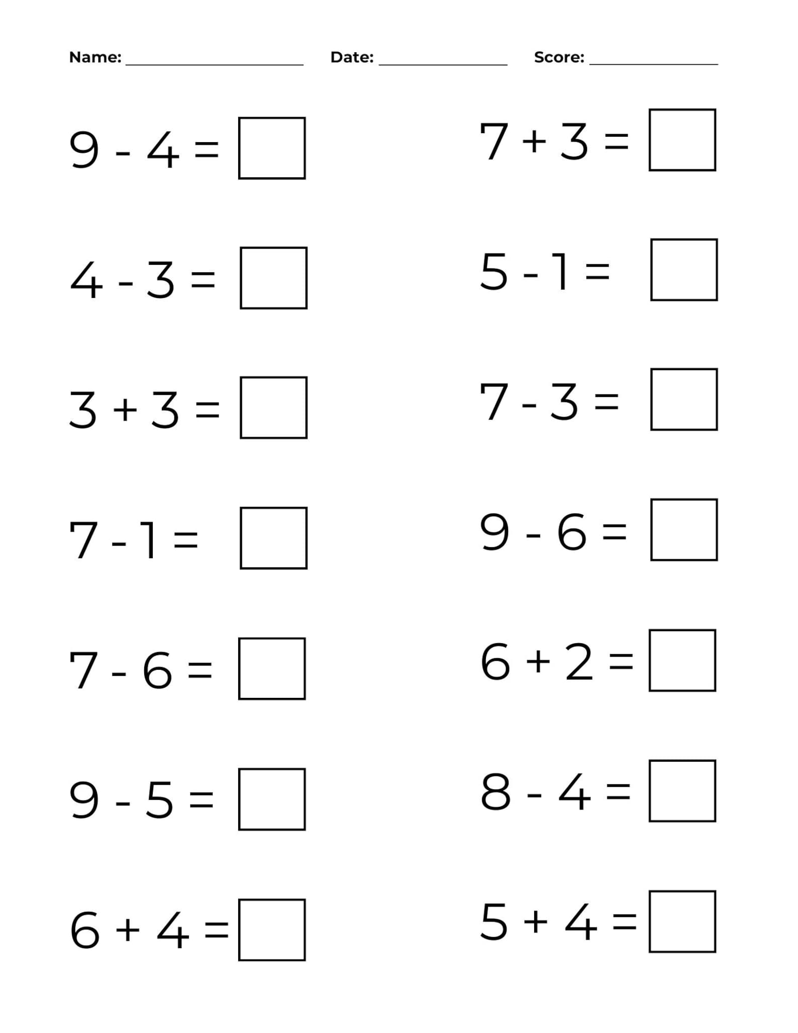 10 Printable Addition to 10 and Subtraction to 10 Worksheets – Single ...