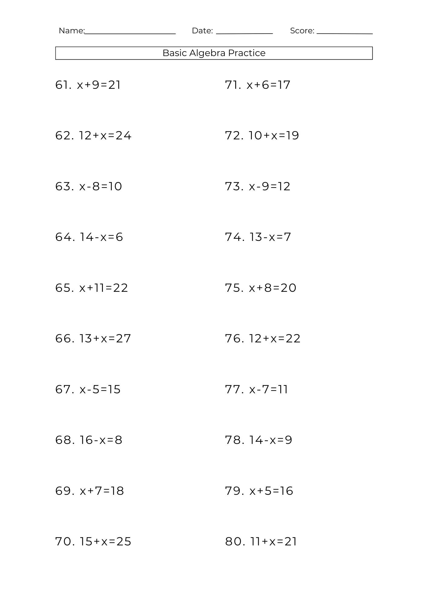 10 Printable Basic Algebra Worksheets: Solving Algebraic Equations ...