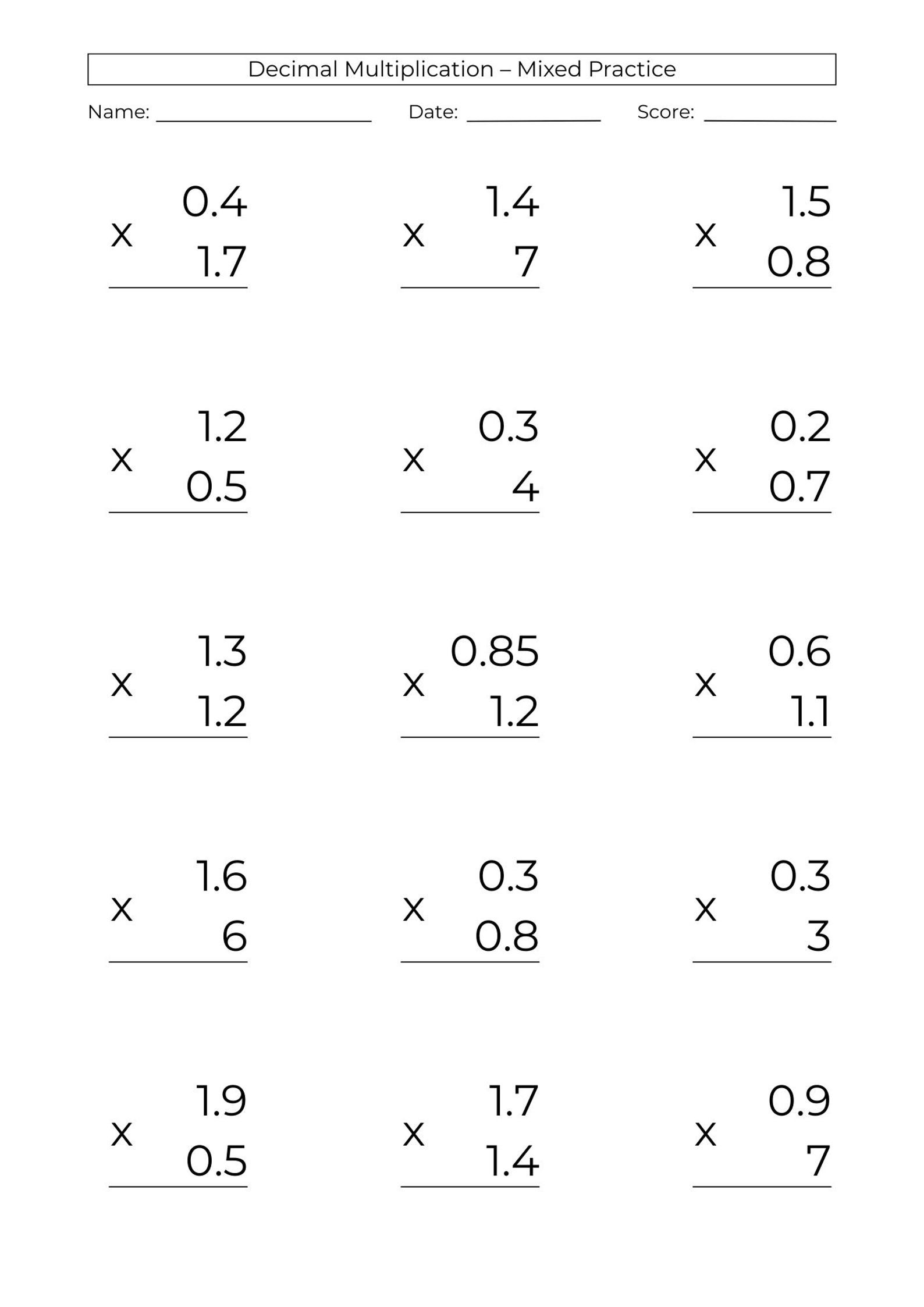 10 Printable Decimal Multiplication Worksheets: 5th Grade Math Practice ...