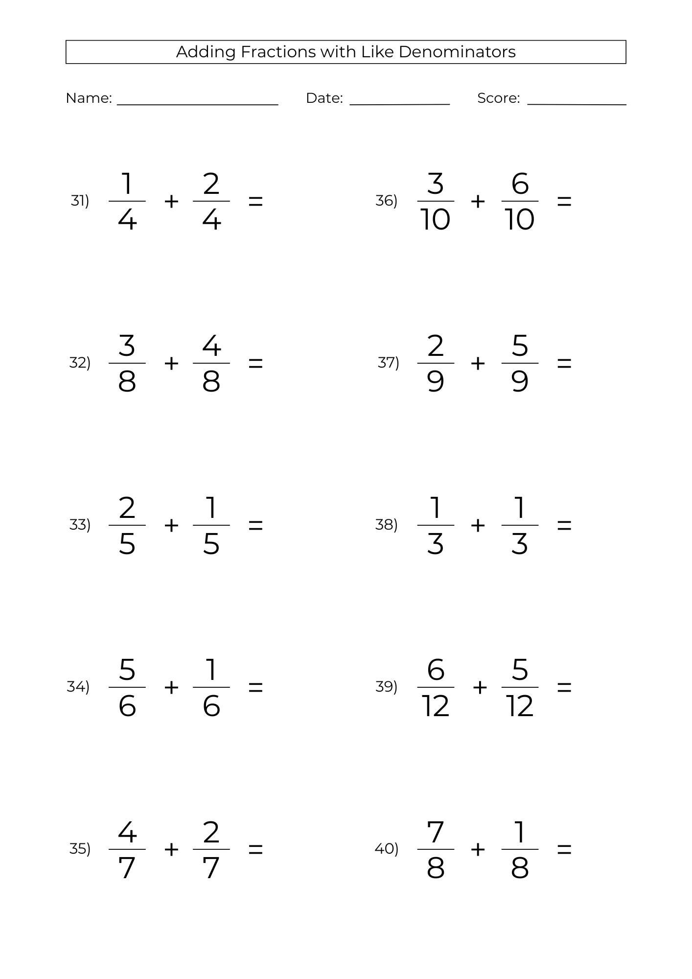 10 Printable Adding & Subtracting Fractions Worksheets: 4th-5th Grade ...