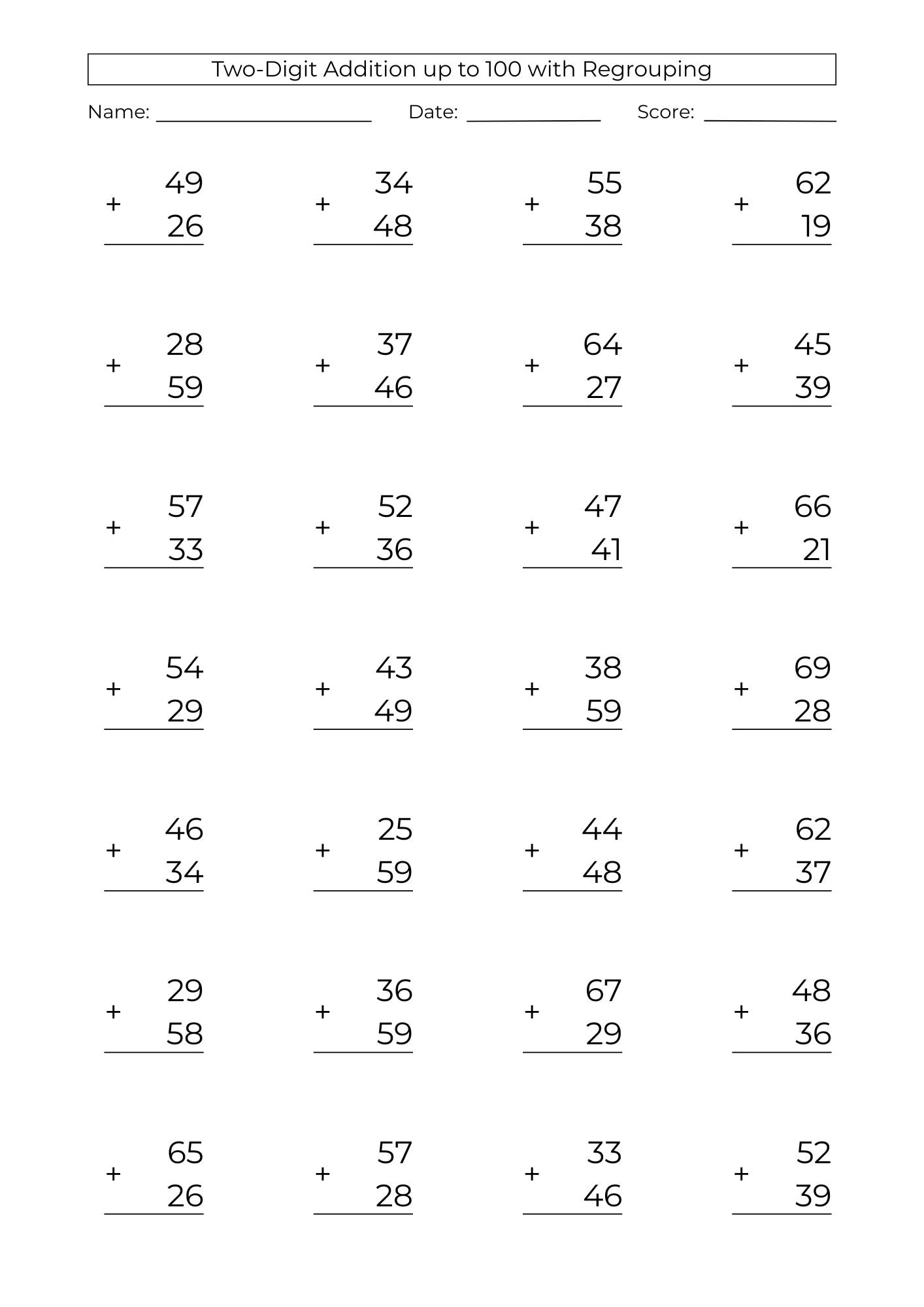 10 Printable Double Digit Addition Worksheets: Regrouping to 100 (PDF ...