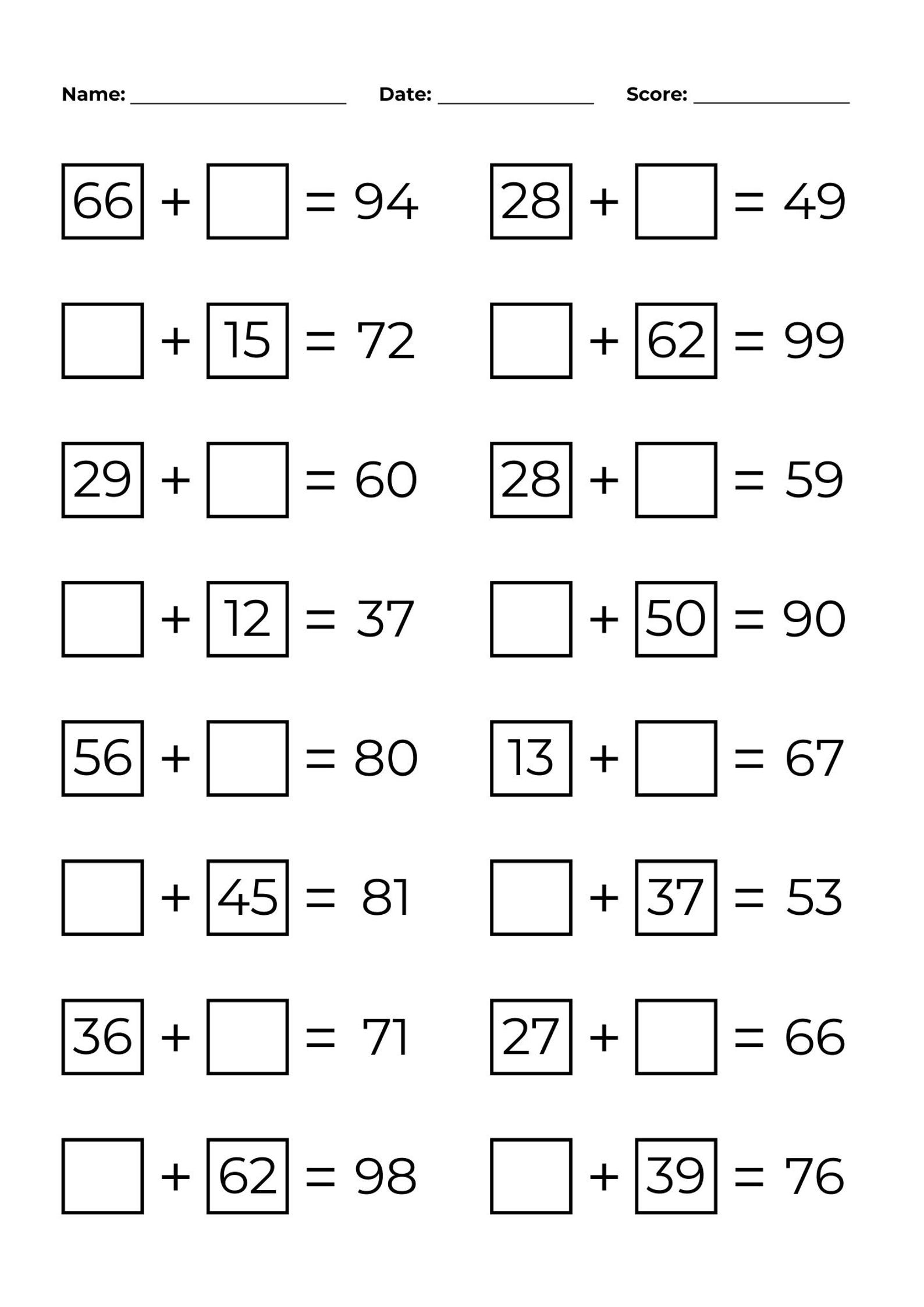 10 Printable Missing Addends Worksheets: Addition to 100 (PDF Pattern ...