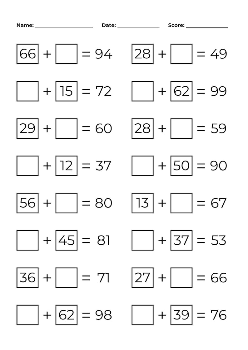 10 Printable Missing Addends Worksheets: Addition to 100 (PDF Pattern) - Etsy