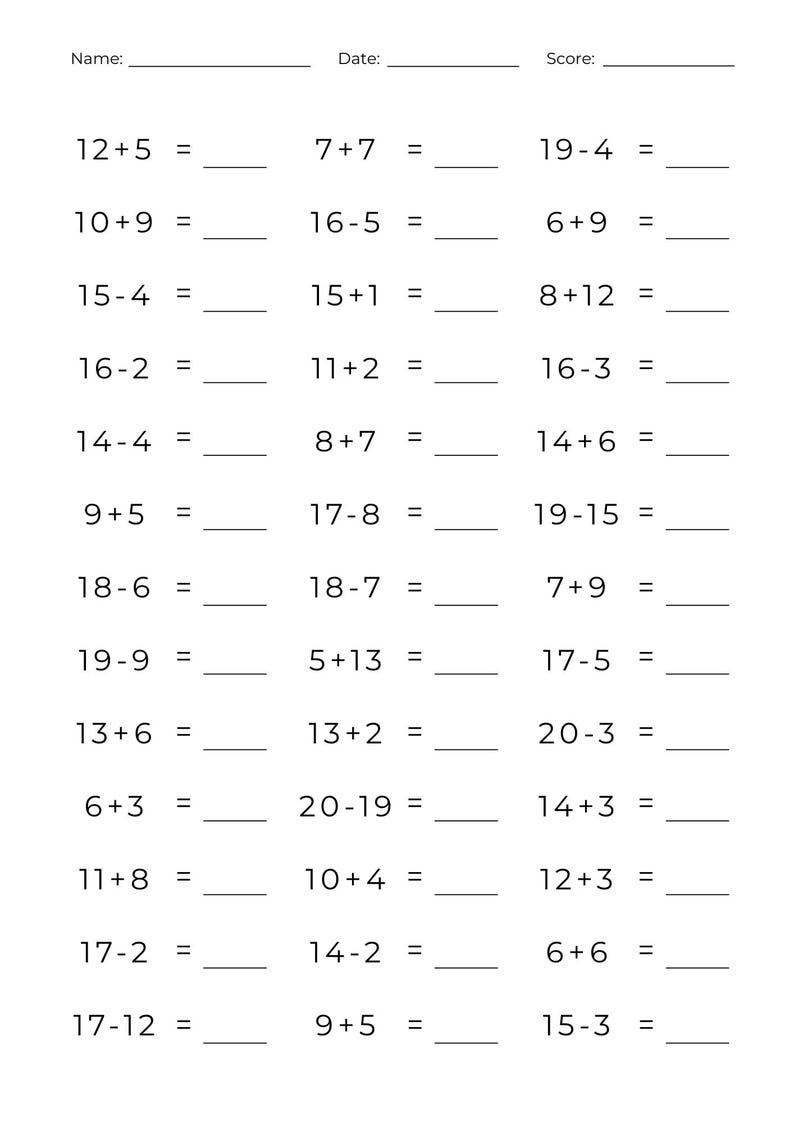 10 Printable Addition Within 20 and Subtraction Within 20 Worksheets ...
