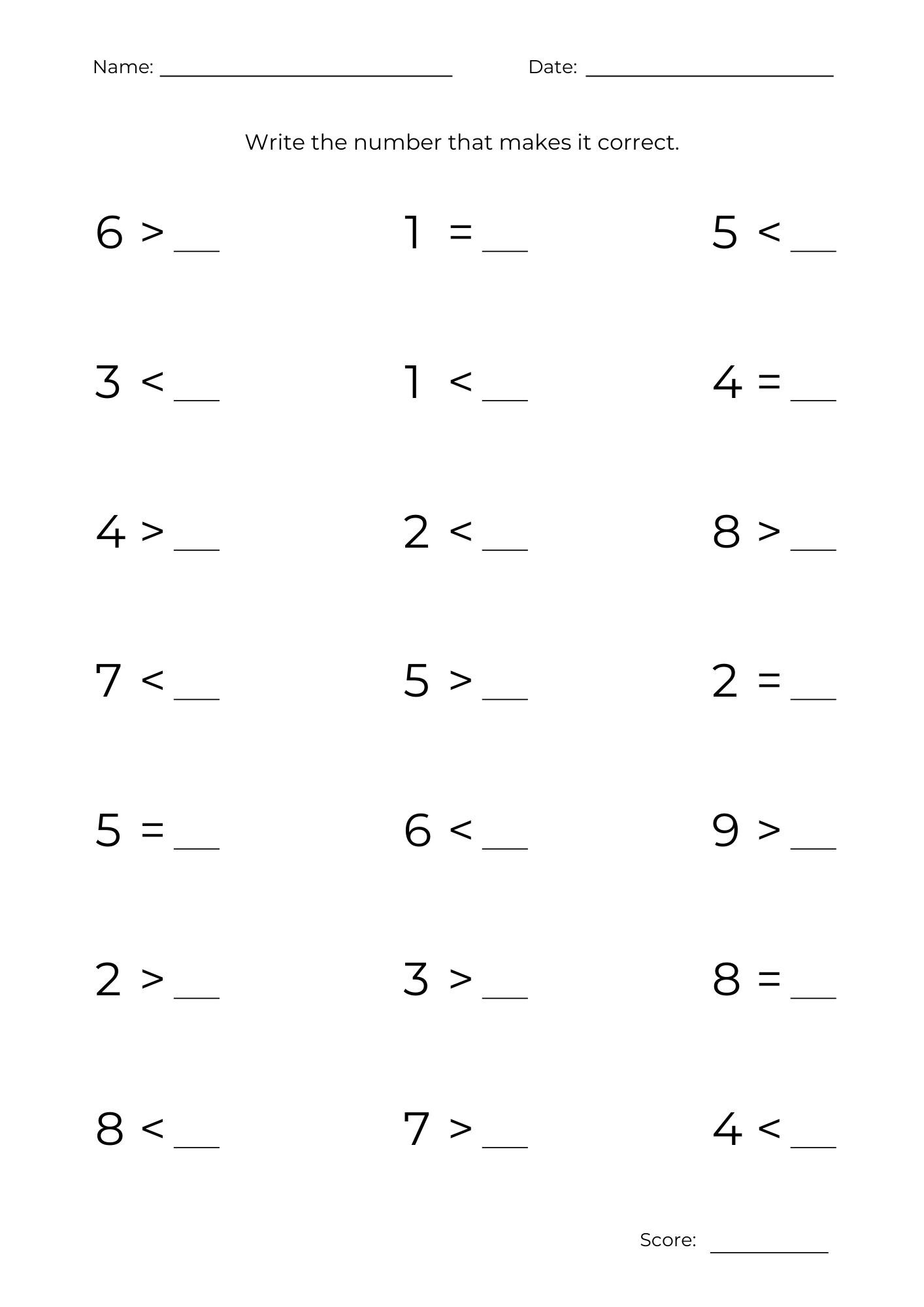 6 Printable Comparing Numbers Worksheets: Greater Than Less Than Equal ...