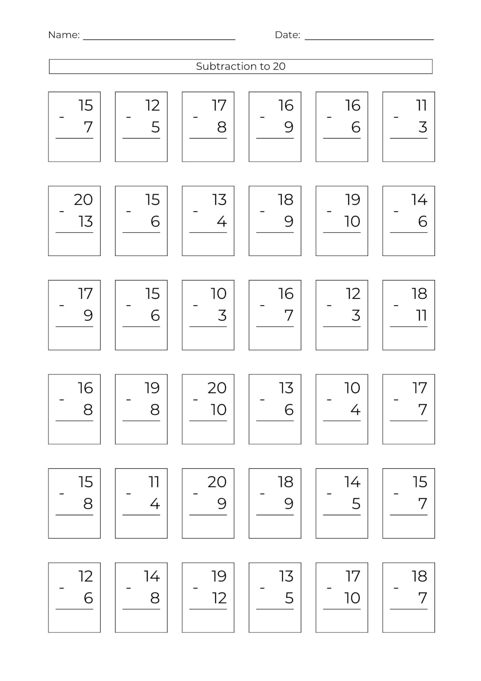 Addition and Subtraction Worksheets to 20 (PDF Download A4/US Letter ...