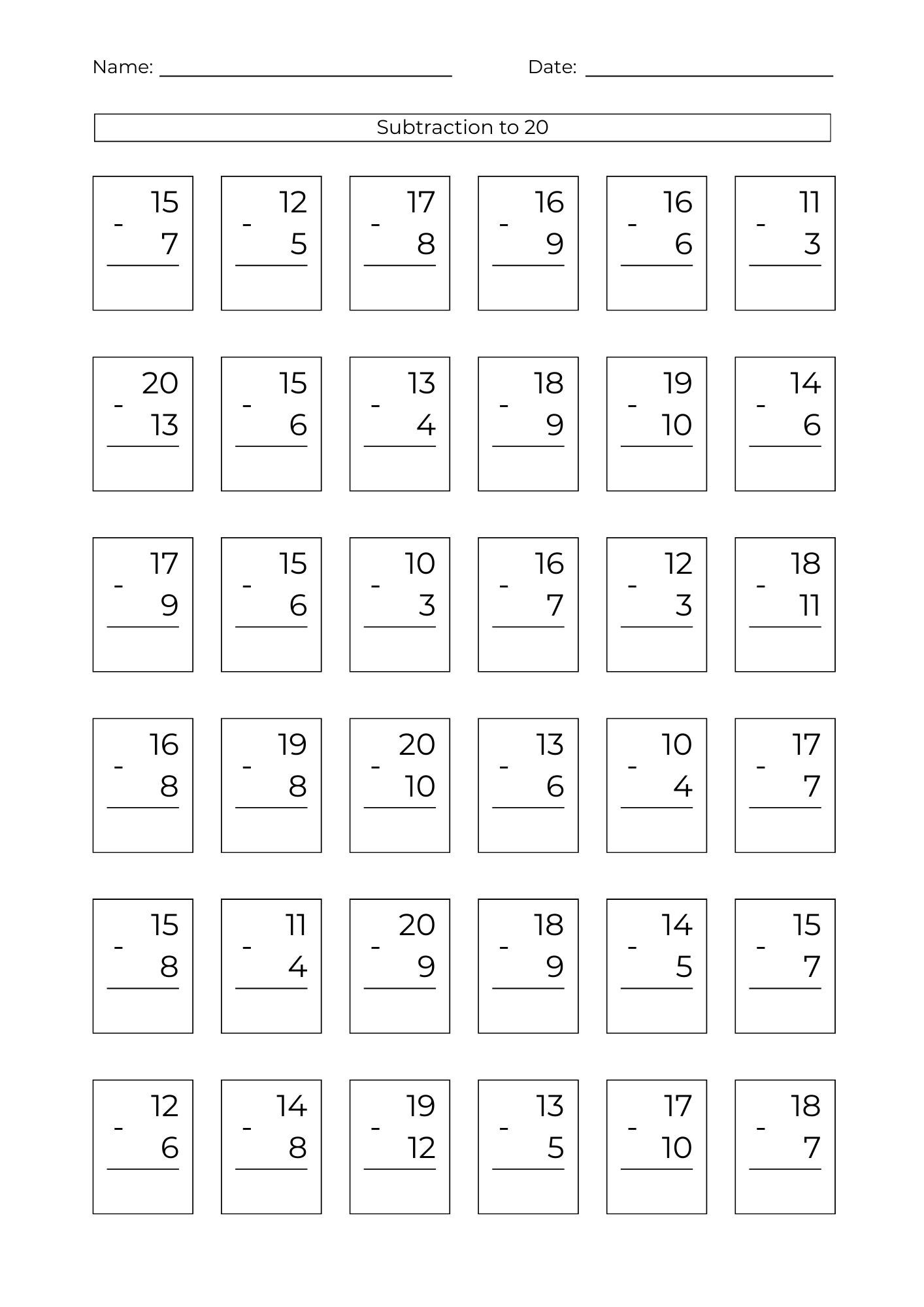 Addition and Subtraction Worksheets to 20 (PDF Download A4/US Letter ...