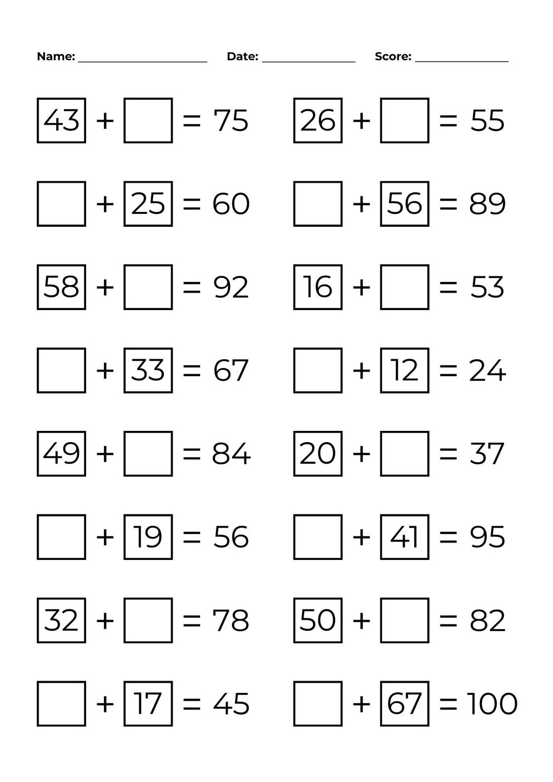 10 Printable Missing Addends Worksheets: Addition to 100 (PDF Pattern ...